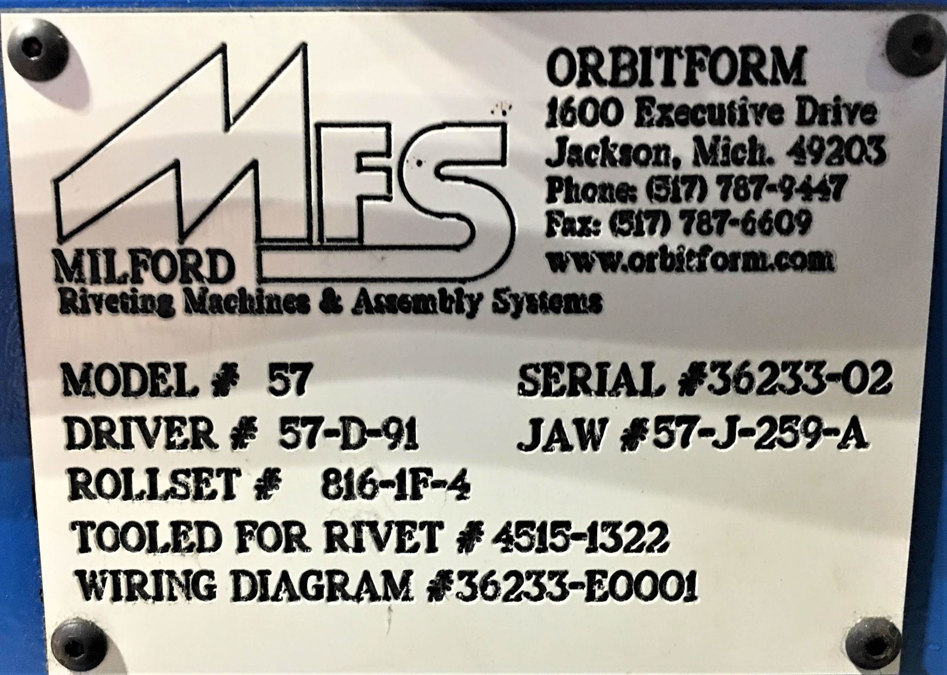 2014 Orbitform Milford Pneumatic Floor Rivet Machine | 1/8"- 3/16", Mdl ...
