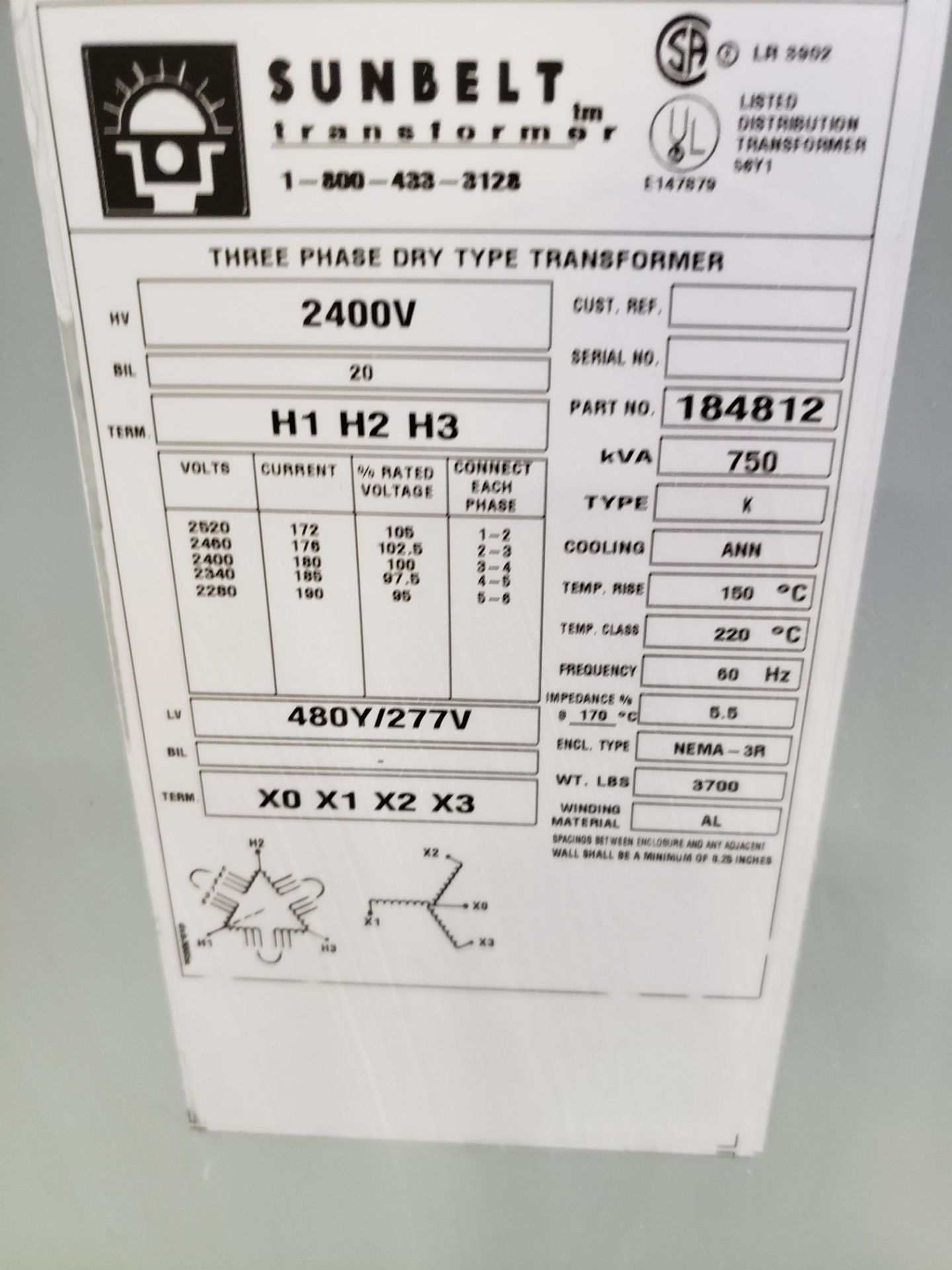 SUNBELT TRANSFORMER 3 PHASE DRY DUTY HV-2400V BIL-20 750 KVA PART ...