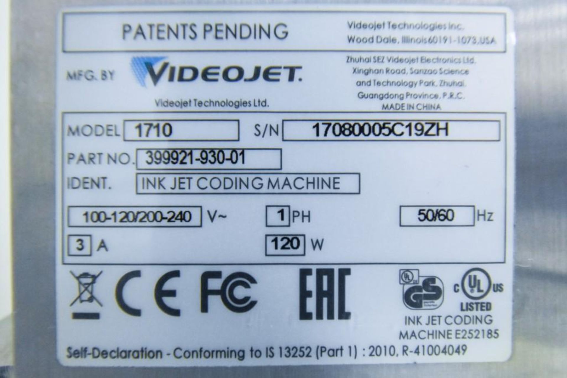 1- Used Videojet 1710 Printer Model: 1710 Serial Number: 17080005C19ZH ...