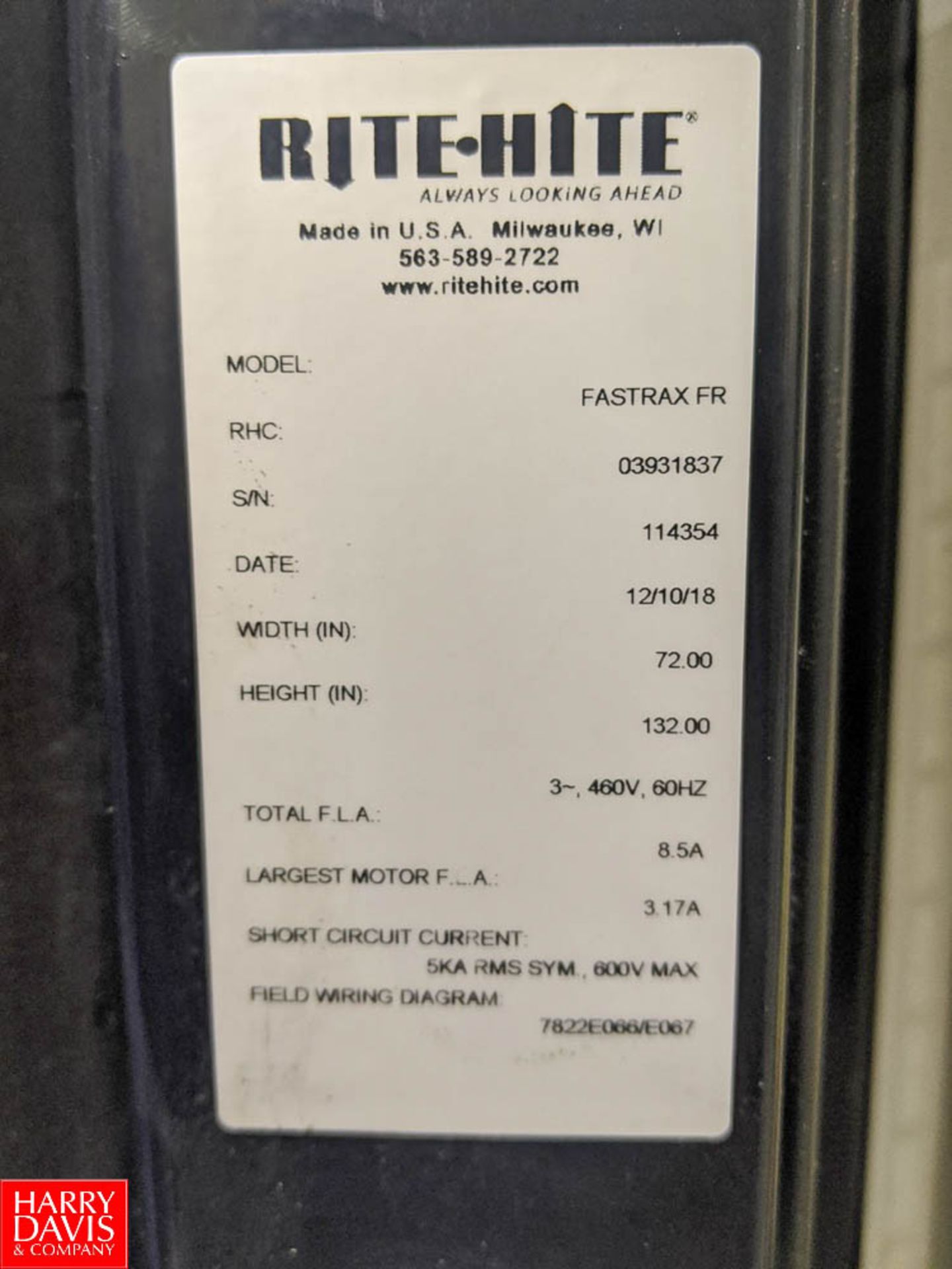 Rite-Hite High Speed Roll-Up Door Model FASTRAX FR : SN 114354, 72 ...
