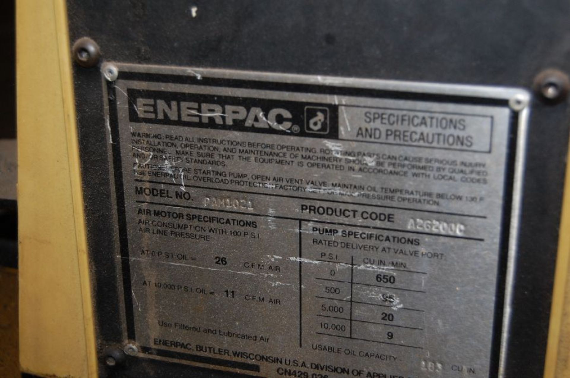 Enerpac Model PAM 1021 Air Hydraulic Pump, Product Code A26200; Max ...