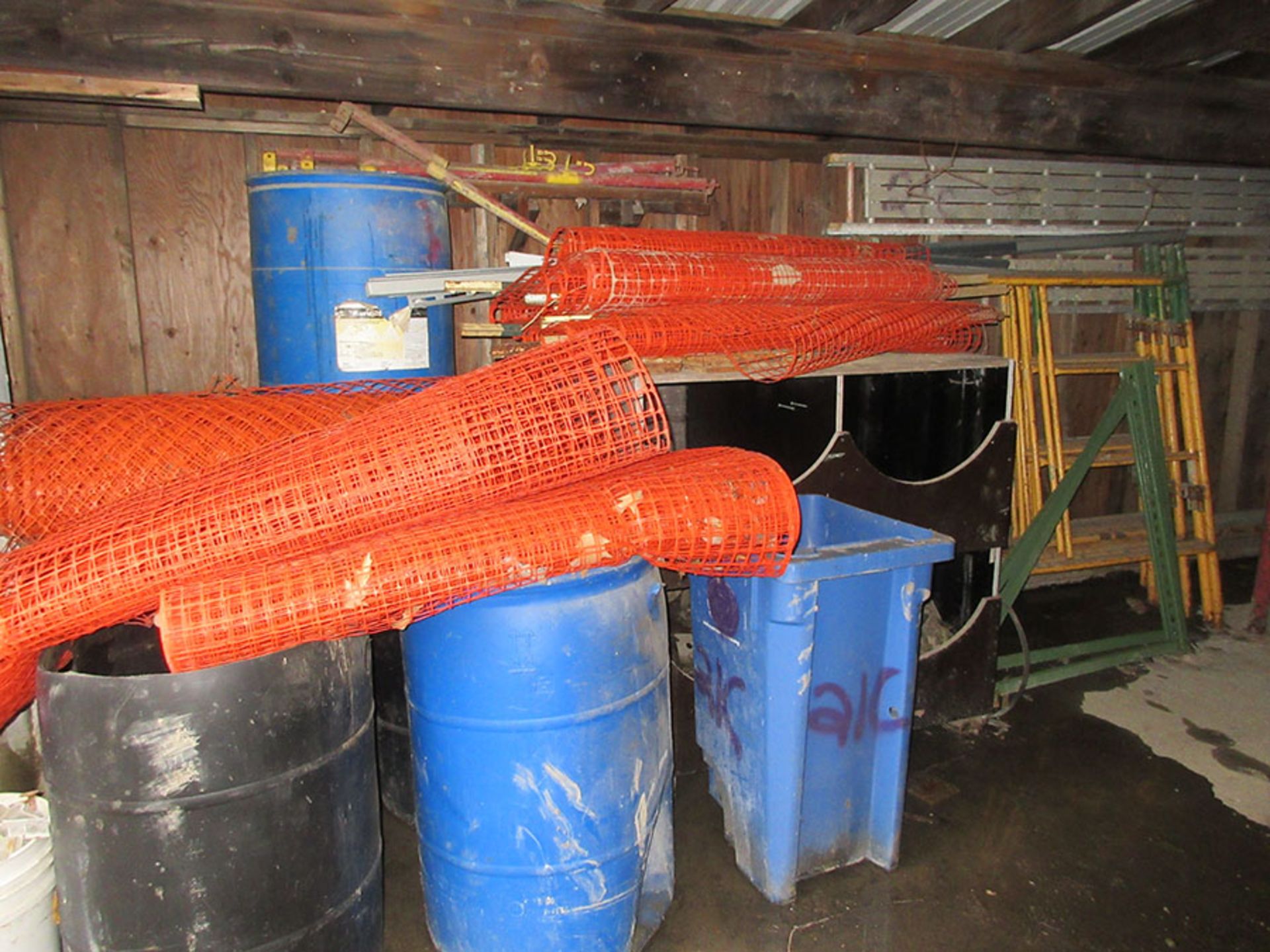 CONTENTS OF LEAN TO; SCAFFOLDING, JAHN CLAMPS, AND SAFETY FENCING
