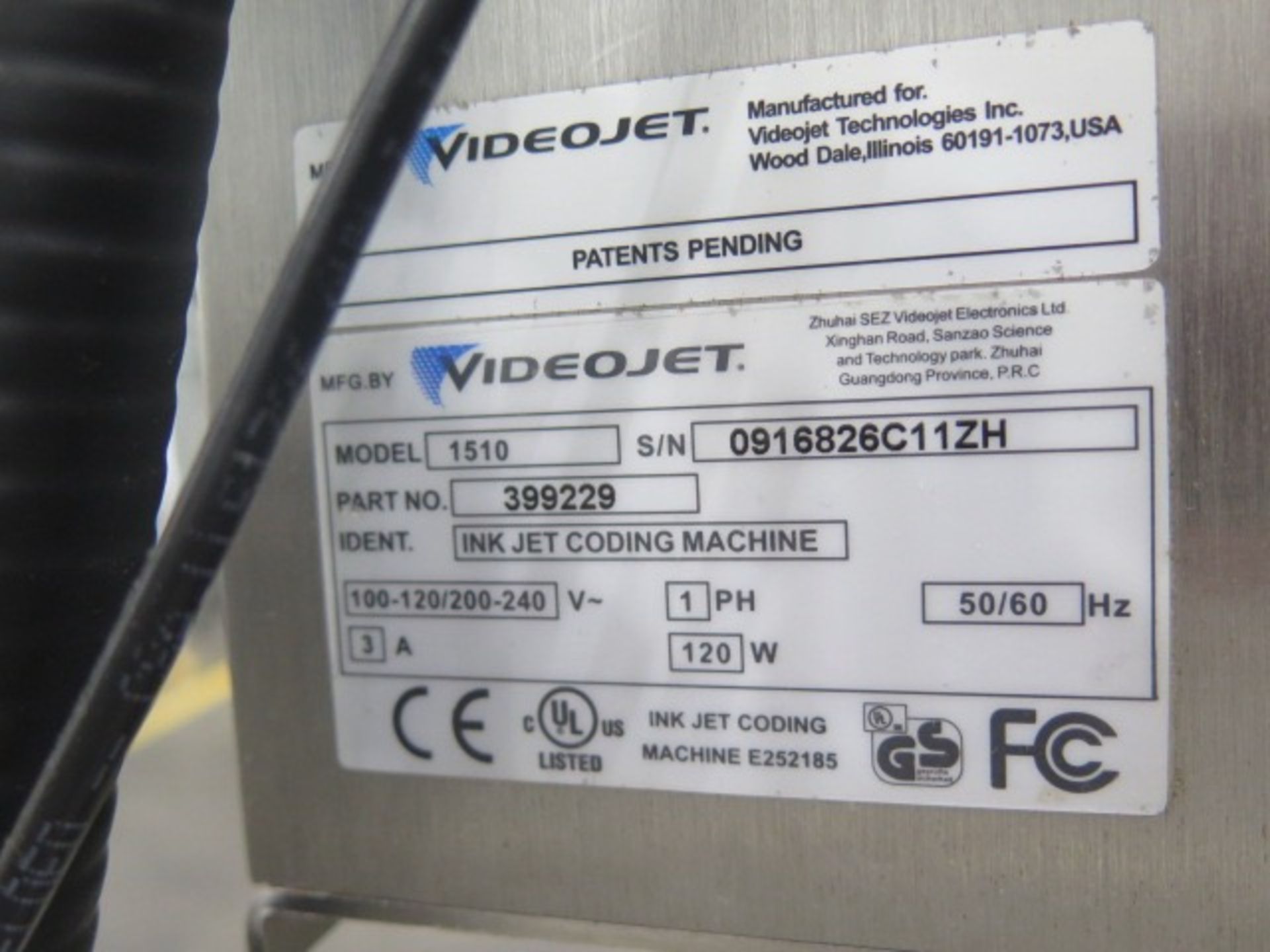 2009 Videojet Model 1510 Ink Jet Coder, S/N 0916826C11ZH, (2009 ...