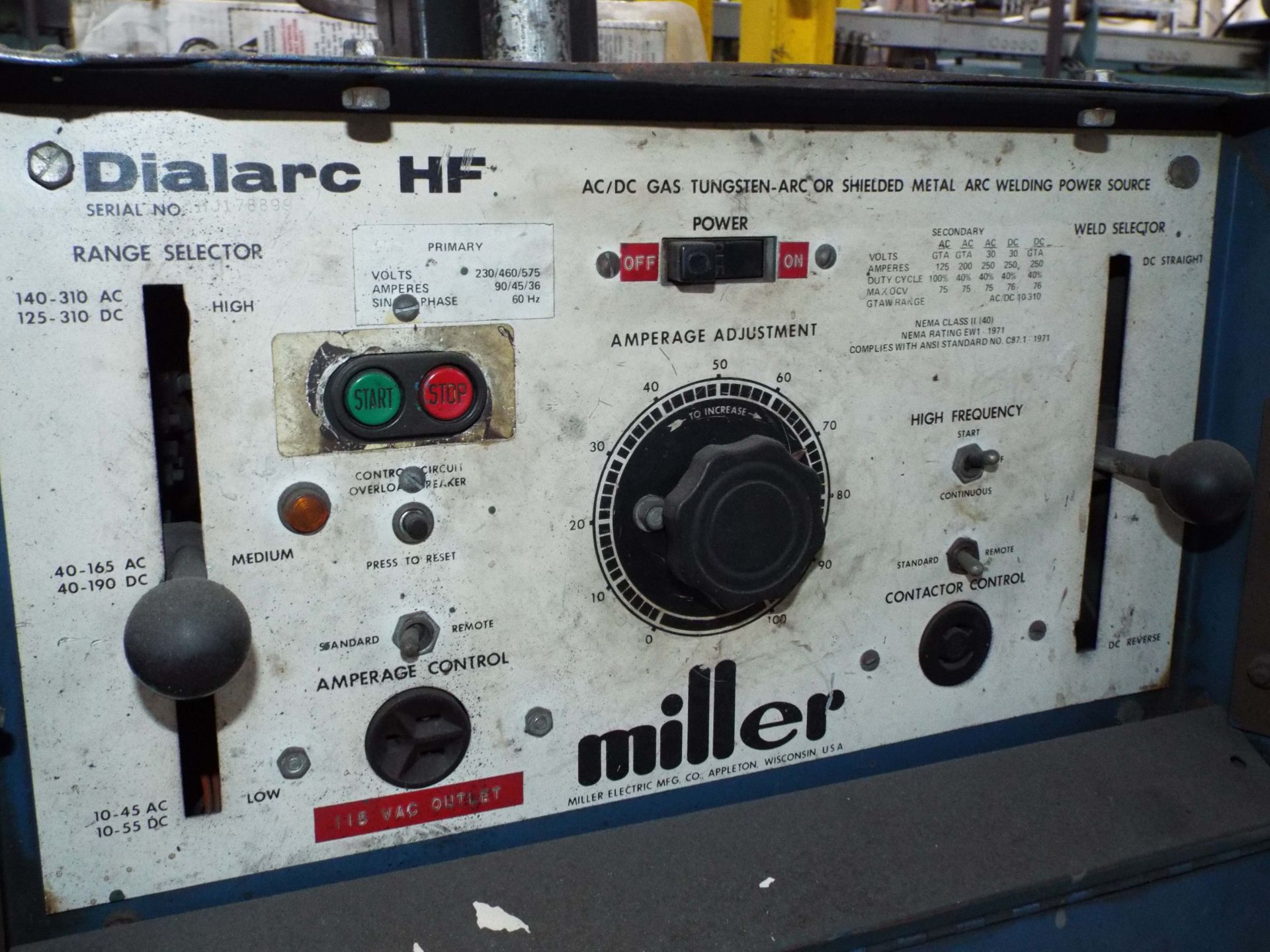 MILLER DIALARC HF AC/DC GAS ARC WELDING POWER SOURCE, S/N: HJ178899