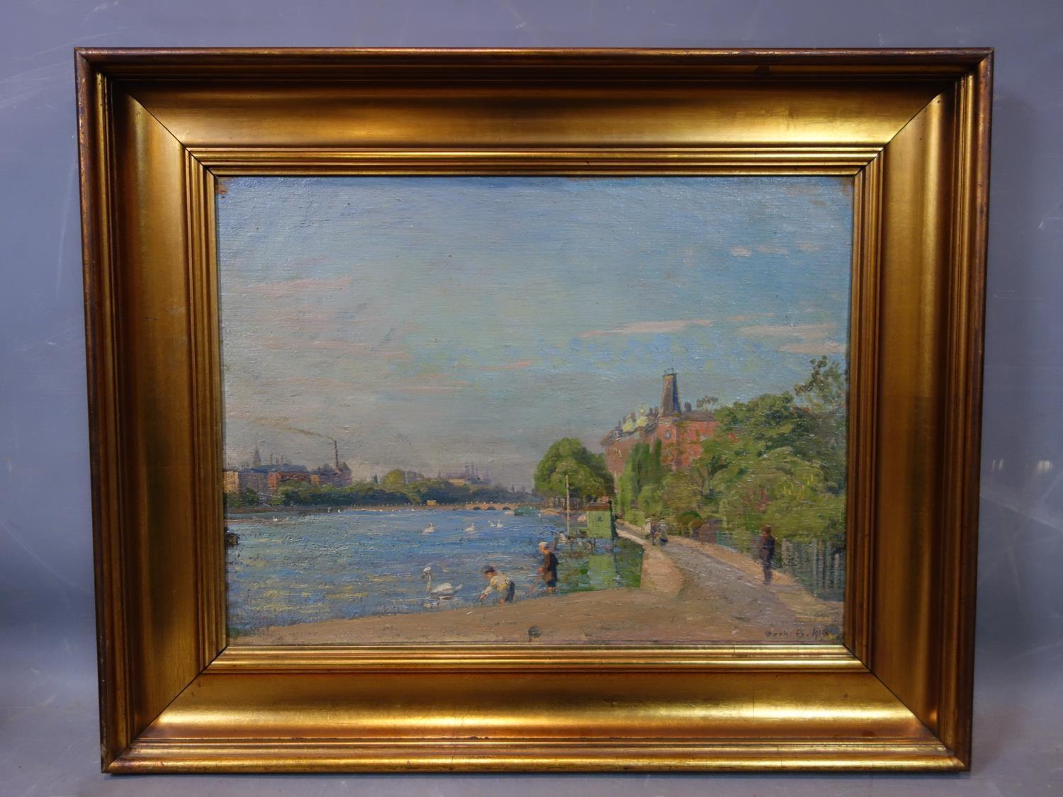 Gerhard Blom (Danish, 1866-1930), Figures by a Lake, oil on panel ...