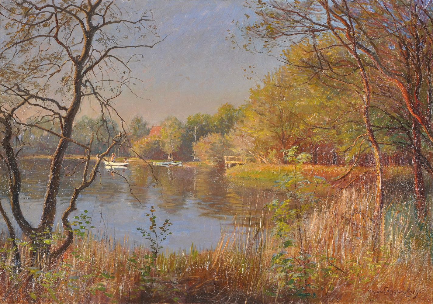 Olaf Viggo Peter Langer (German 1860-1942) Boats on a lake Oil on ...