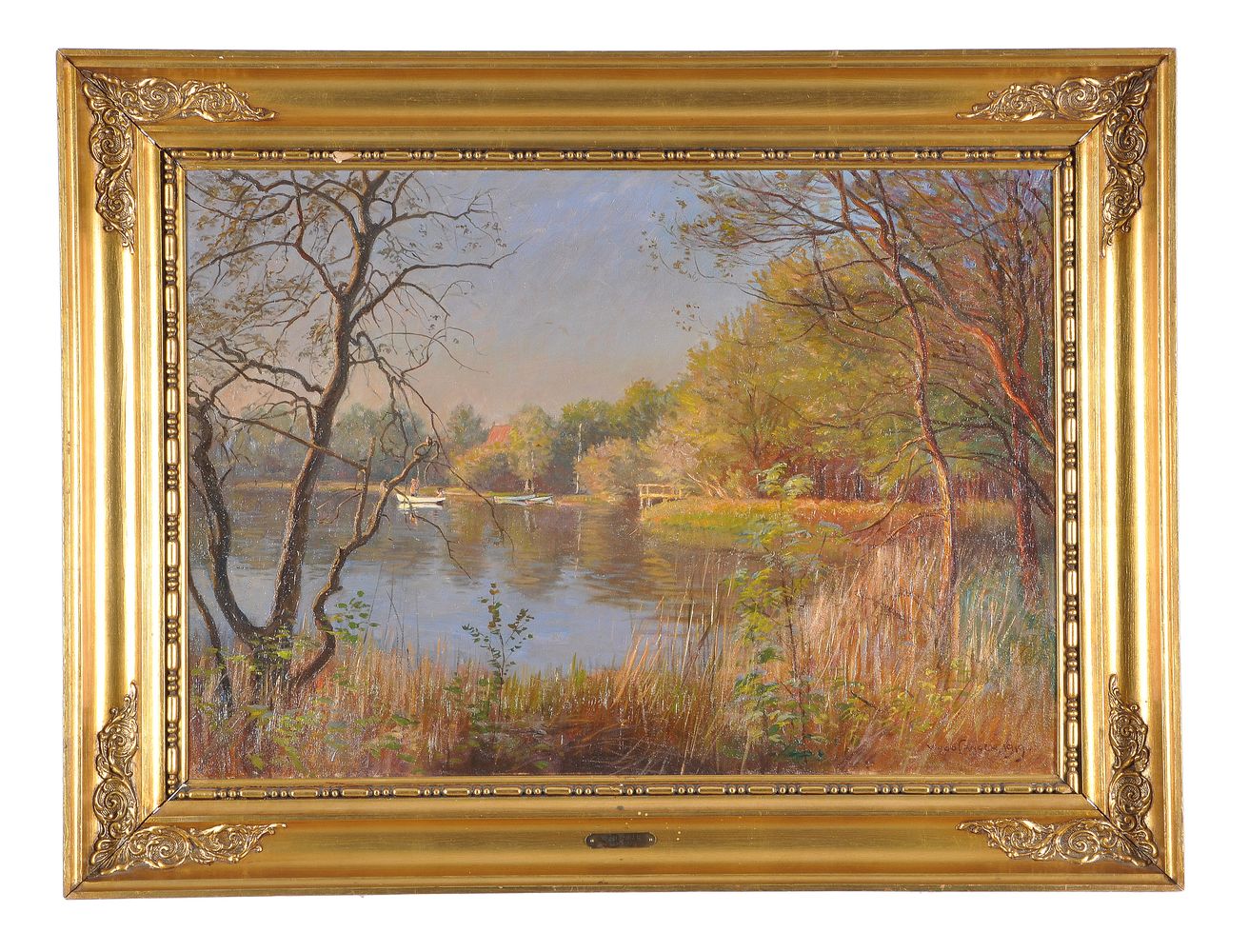 Olaf Viggo Peter Langer (German 1860-1942) Boats on a lake Oil on ...