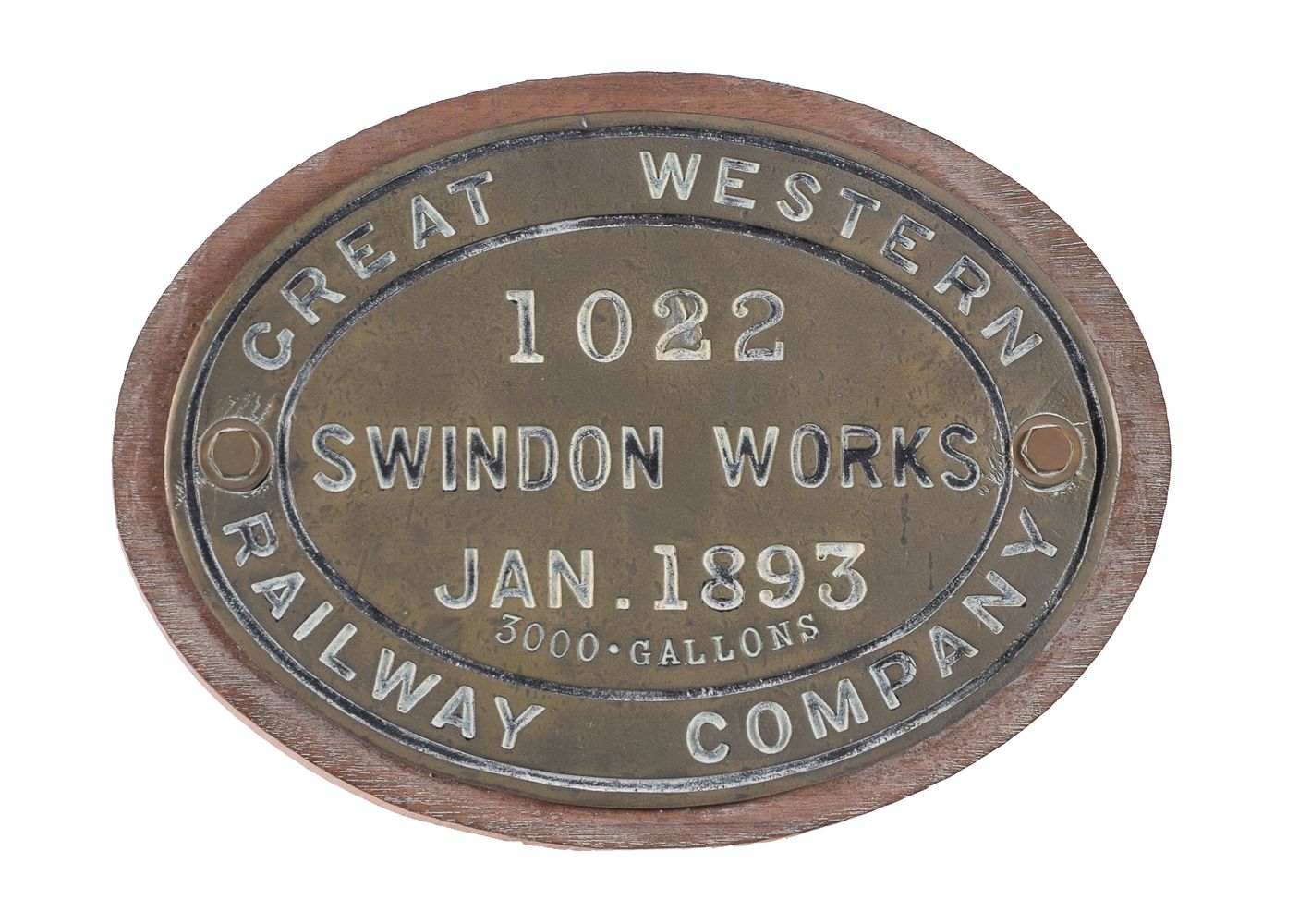 A Great Western Railway Company 3000 gallon brass tender plate, No 1022 ...