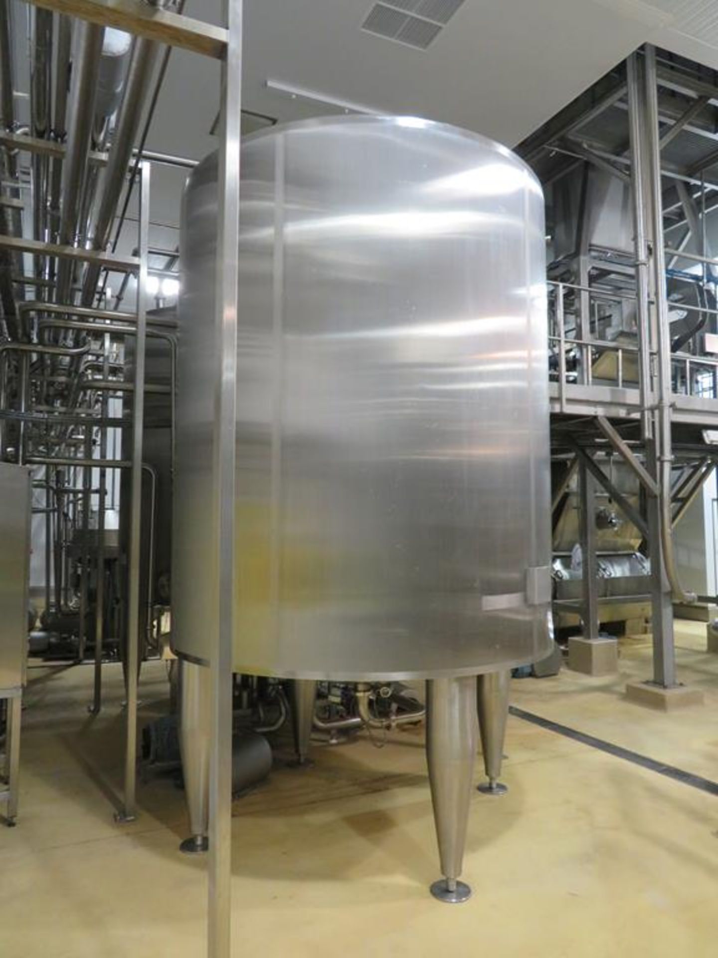 2 x stainless steel 10,000 litre whey buffer tanks approx 2.25m dia, 4m ...