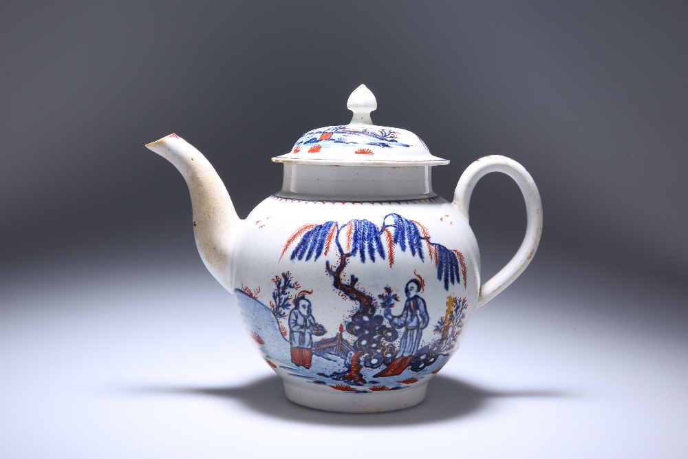 A LIVERPOOL PORCELAIN TEAPOT, c.1785-95, of globular form, the domed ...