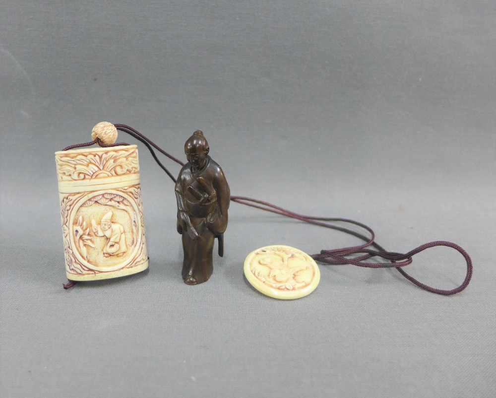 Japanese carved bone inro with button Netsuke together with a Japanese ...