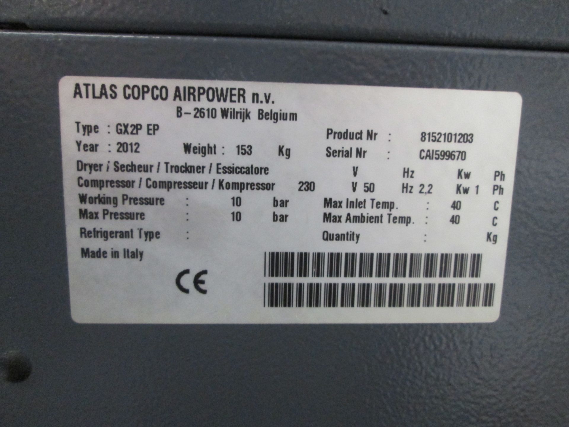 Altas Copco GX2P EP Air Compressor Mounted on Horizontal Air Receiver ...