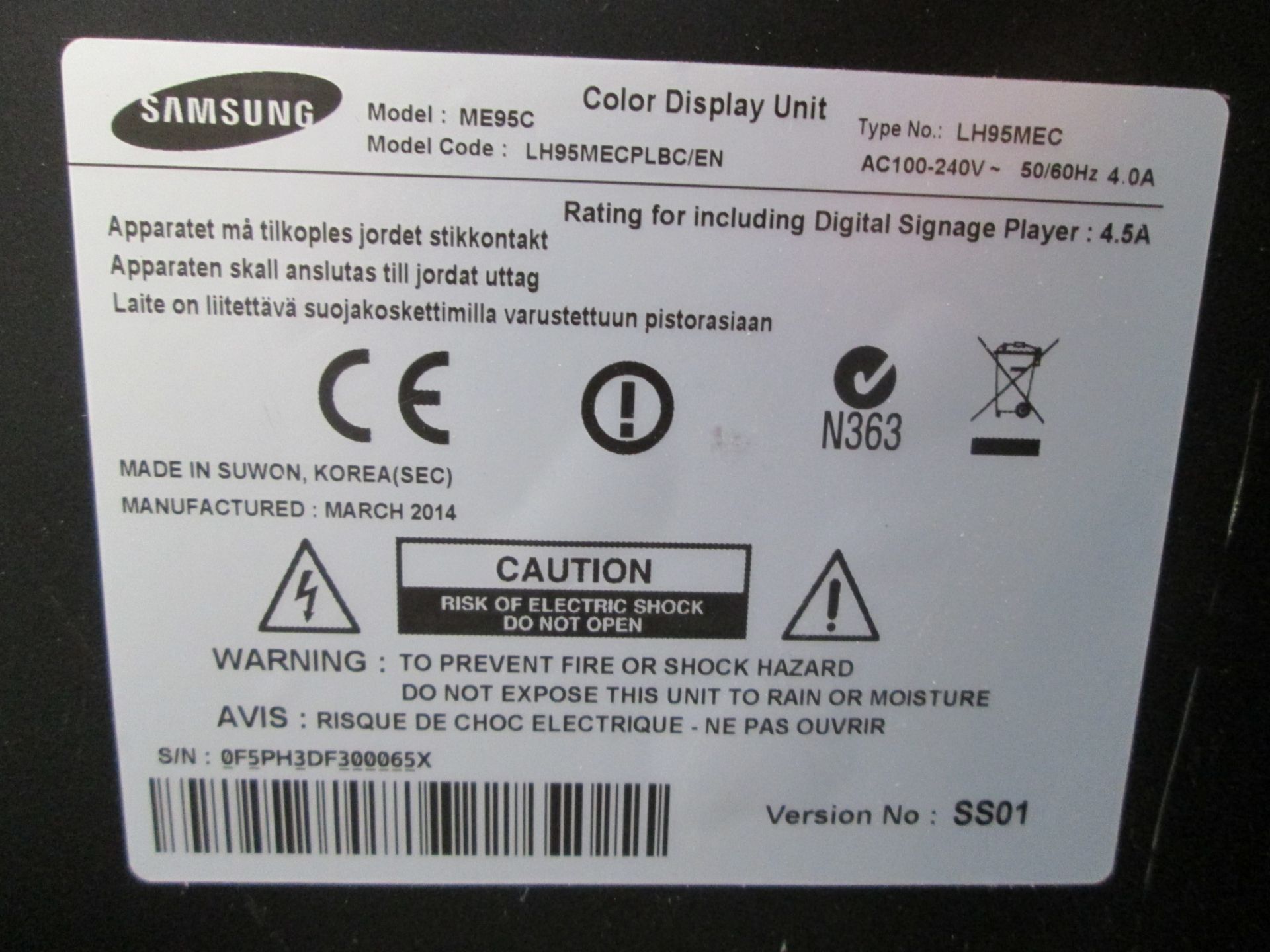 Samsung 95" Colour Monitor, Model ME95C, Version SS01, S/N ...