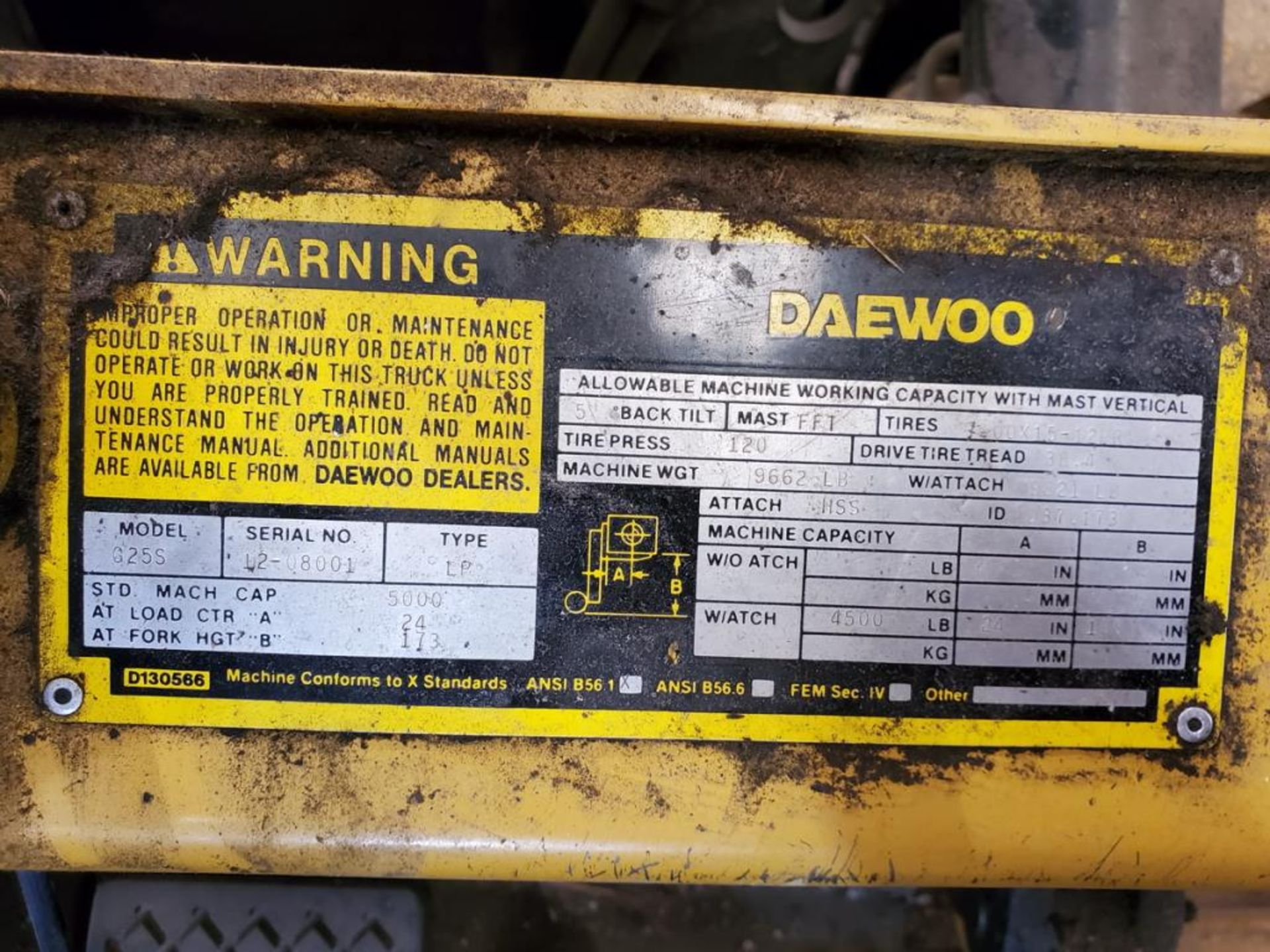 Daewoo G25S 5000 lbs. LP Forklift, SN 12-08001, HSS Attachment, 48 in ...