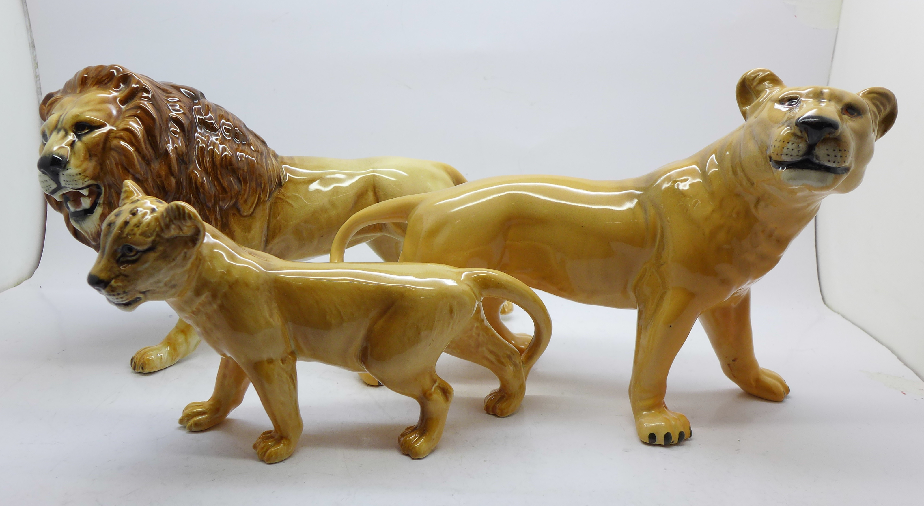 A group of three Beswick model lions, lioness restored (tail)