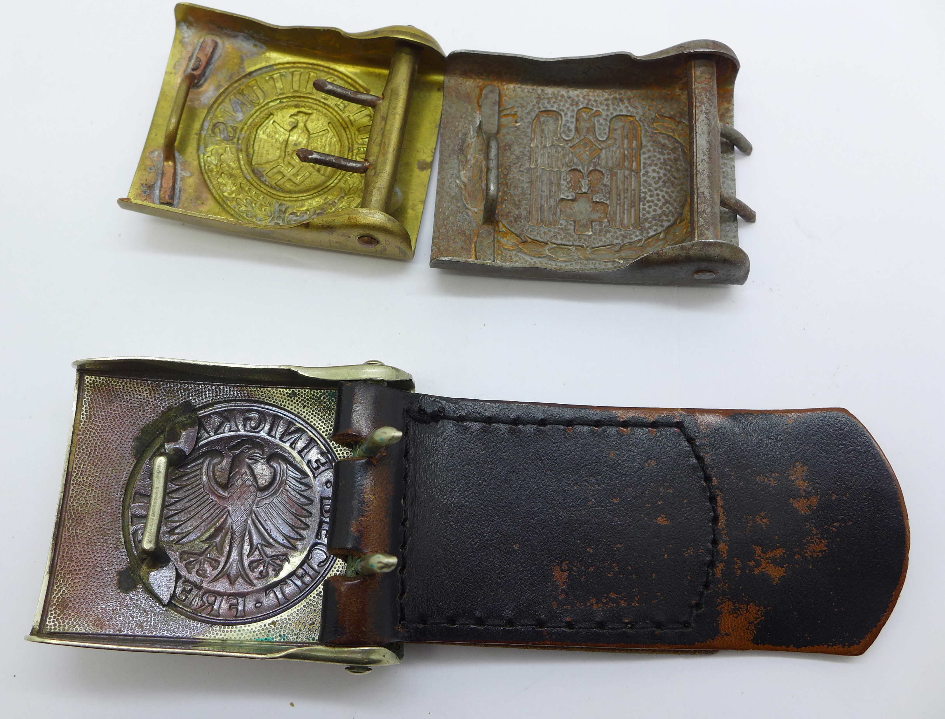 Three German belt buckles, (reproduction)