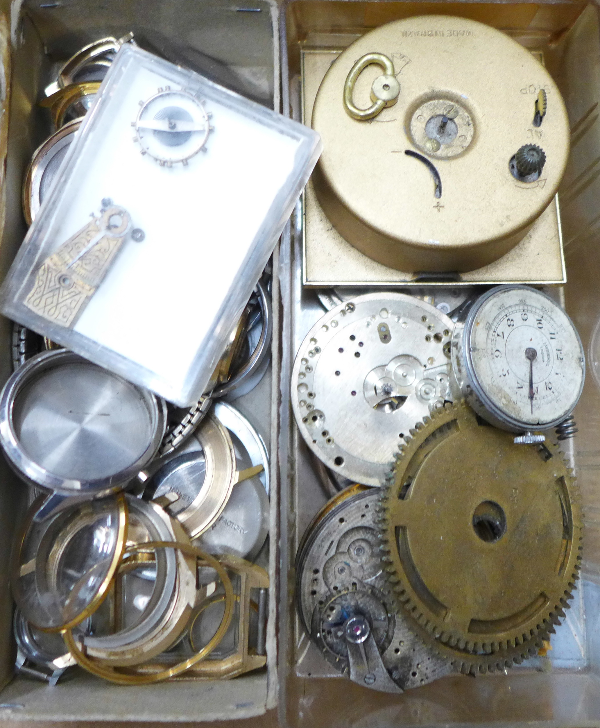 Pocket watch and wristwatch parts, movements, cases, dials, etc.
