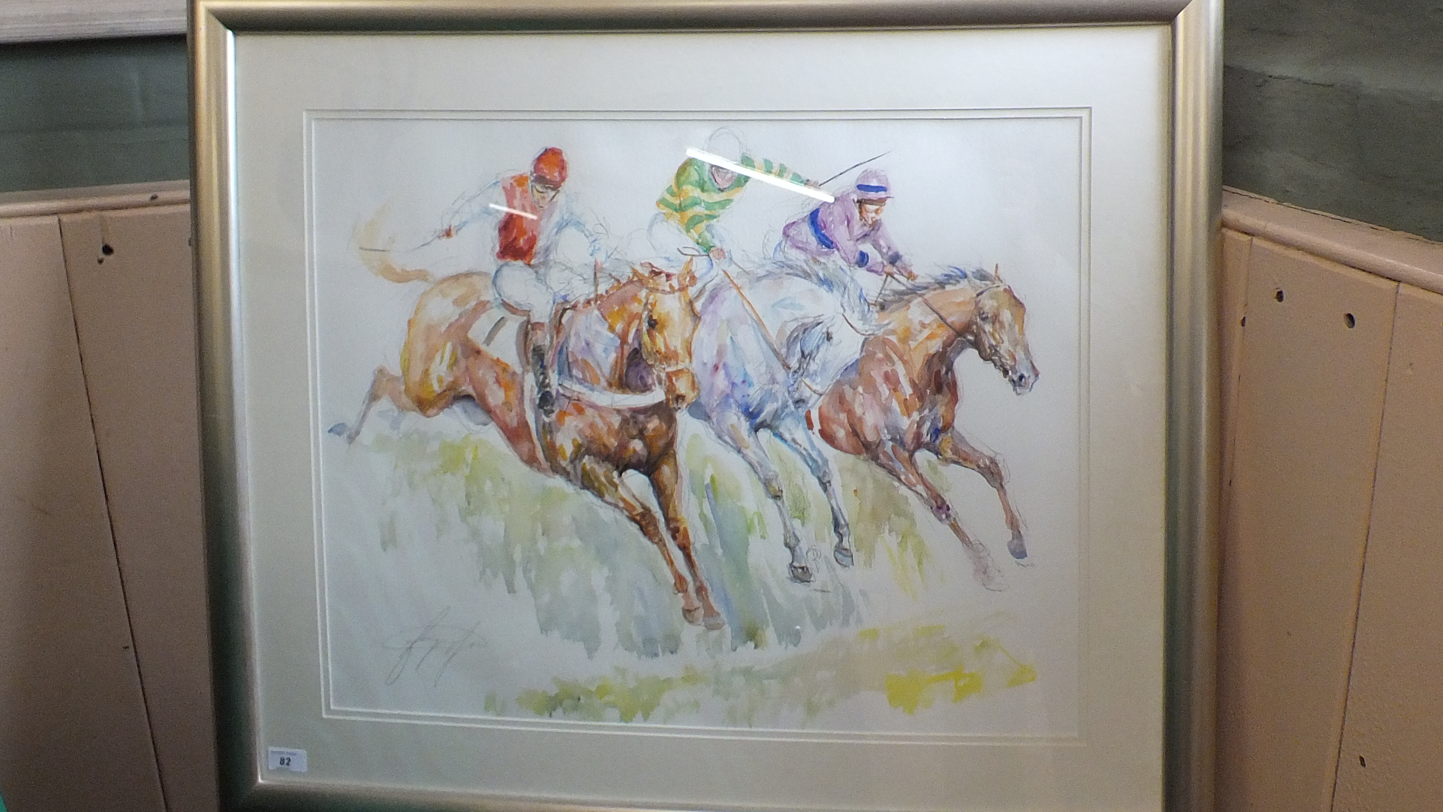 Jacqui Jones watercolour of a Newmarket equine scene, 21 1/4" x 27 1/2"