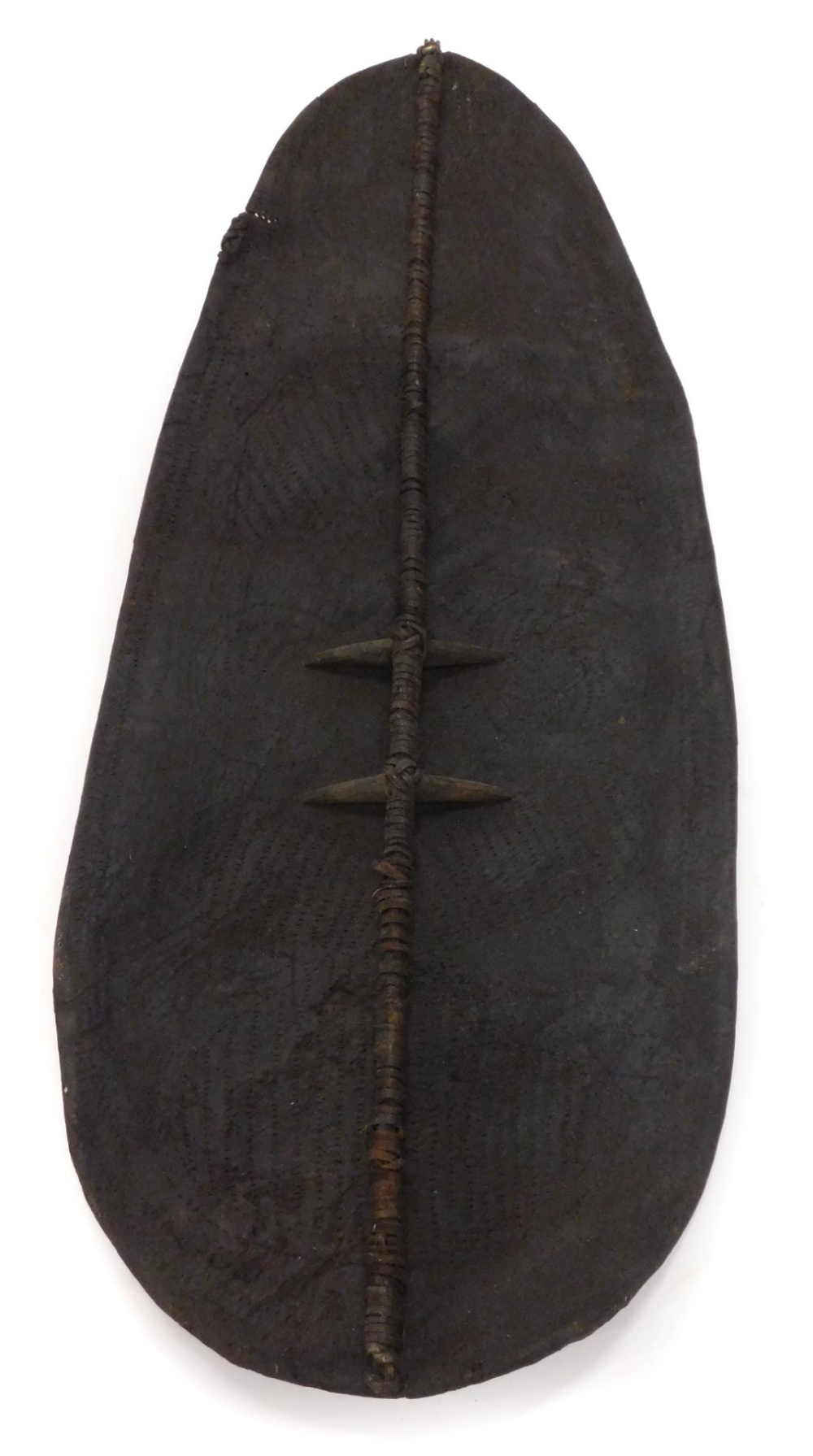 An African Zulu tribal shield, with geometric decoration, 130cm x 54cm.