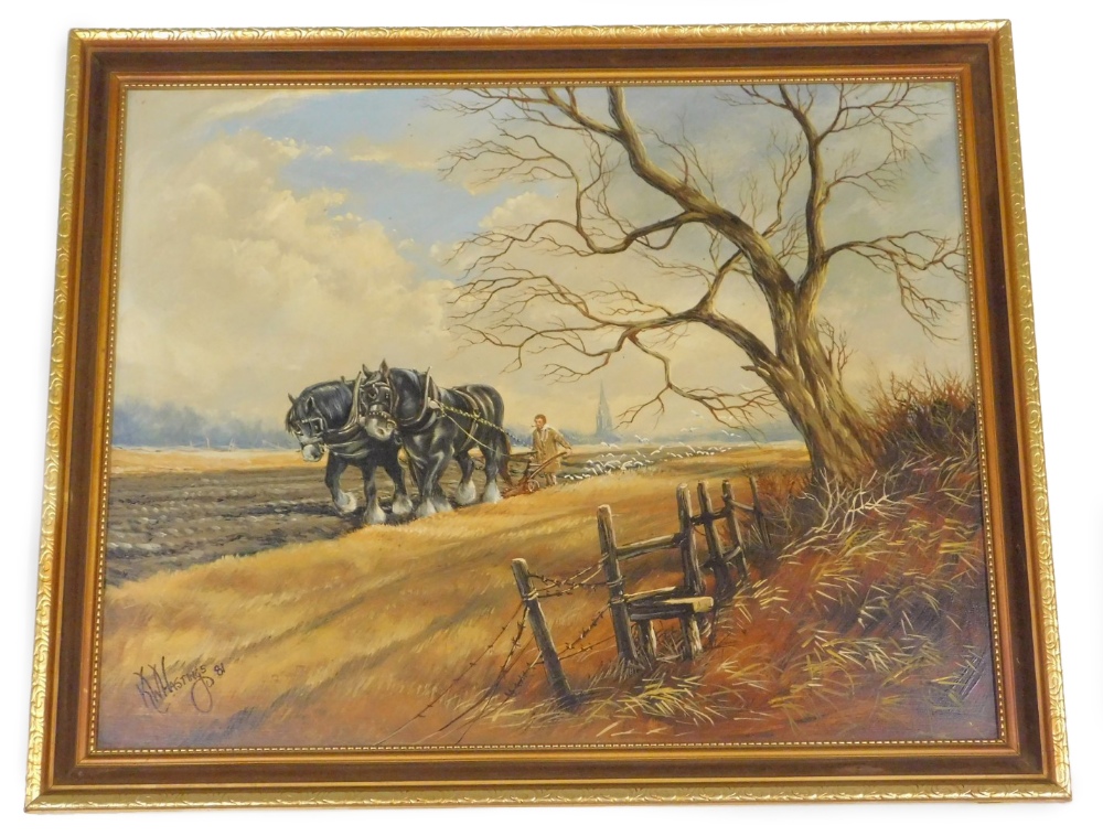 Keith W Hastings (b1948). Ploughing scene, oil on board, signed and ...