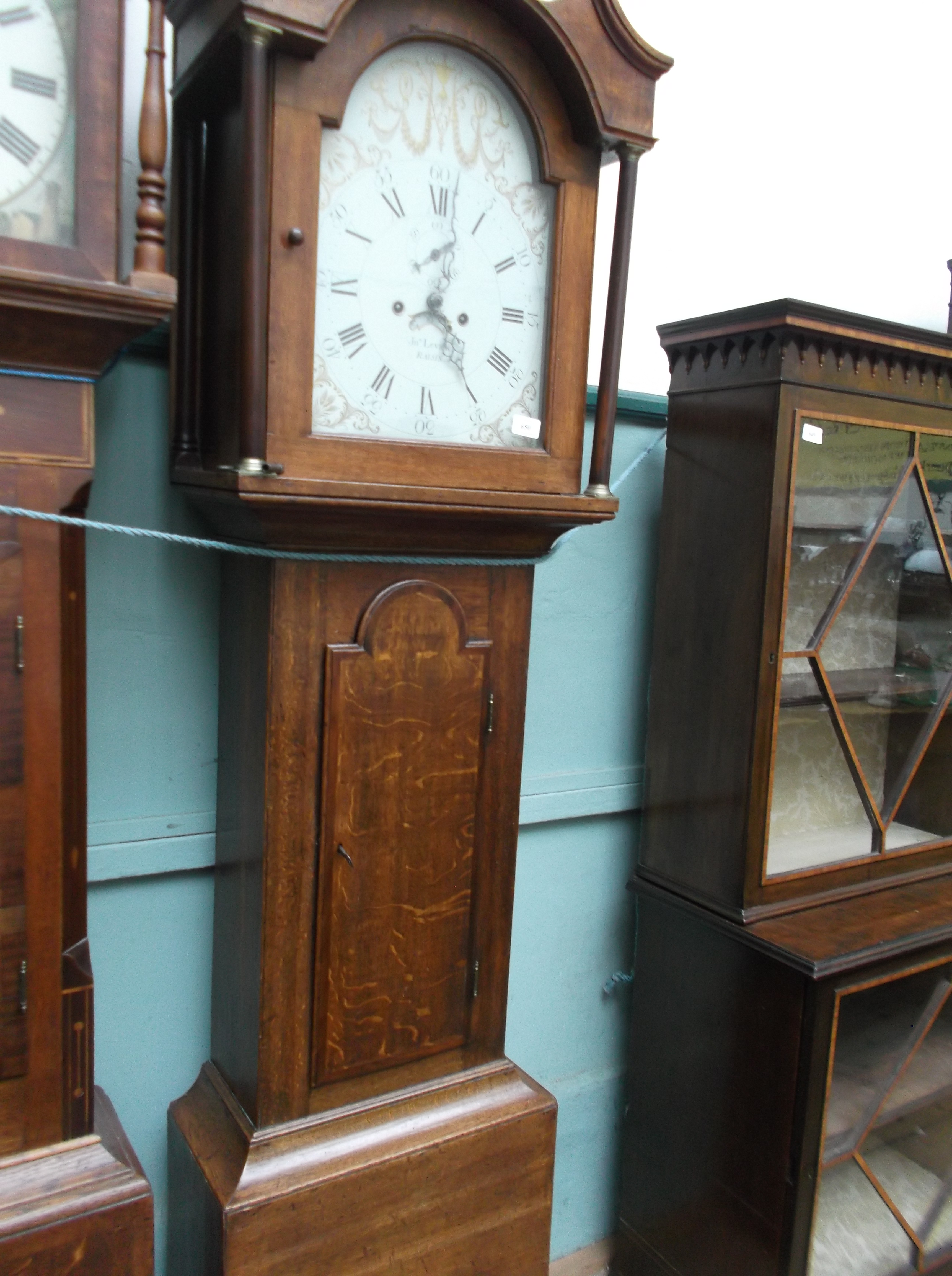 Oak Victorian hooded long cased clock with swan neck pediment, the ...