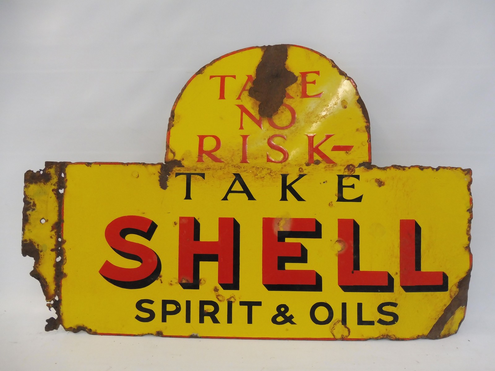 A Shell 'Take no risk take Shell Spirit & Oils' shaped double sided ...
