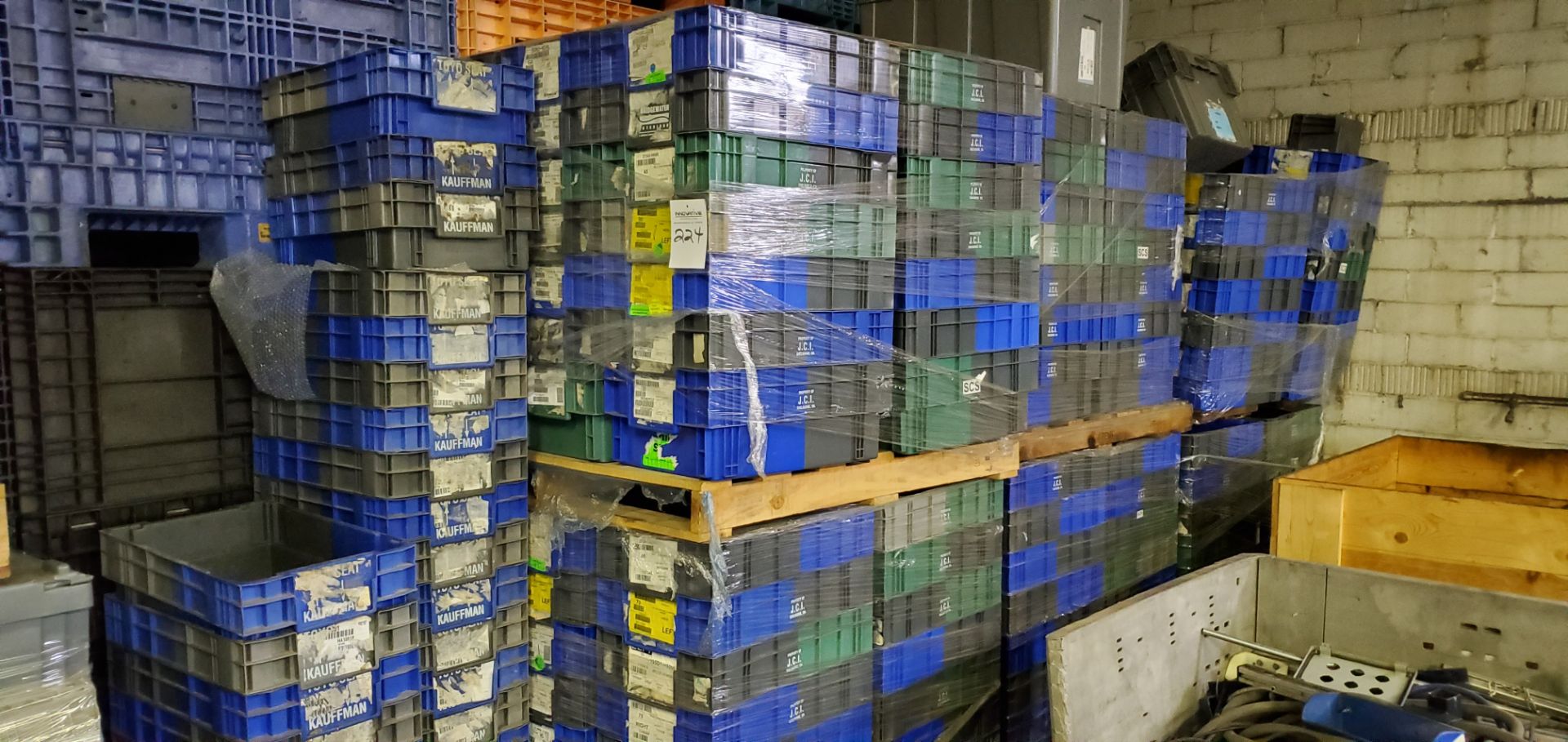 (6) Skids Plastic Parts Totes, 14 in x 22 in x 7 in Deep, 28 per skid