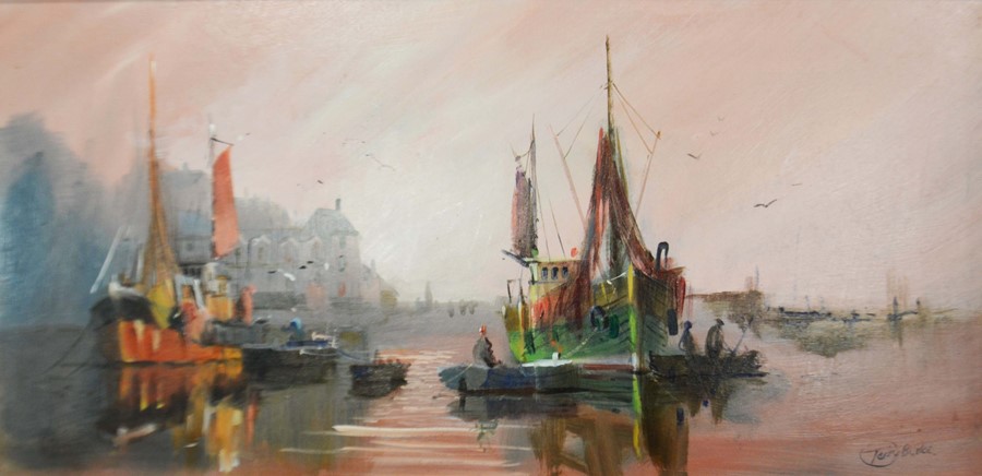 Terry Burke, oil on board, Harbour scene. signed 29 x 59cm, framed.