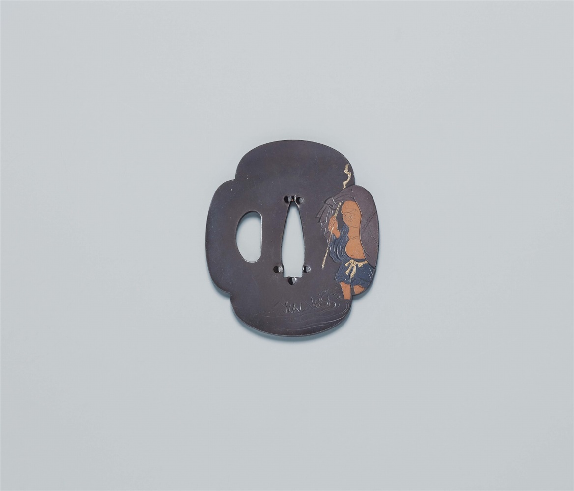 Drei shibuichi-tsuba. 19. Jh.a) Oval. In katakiri-Gravur Hotei, der ...