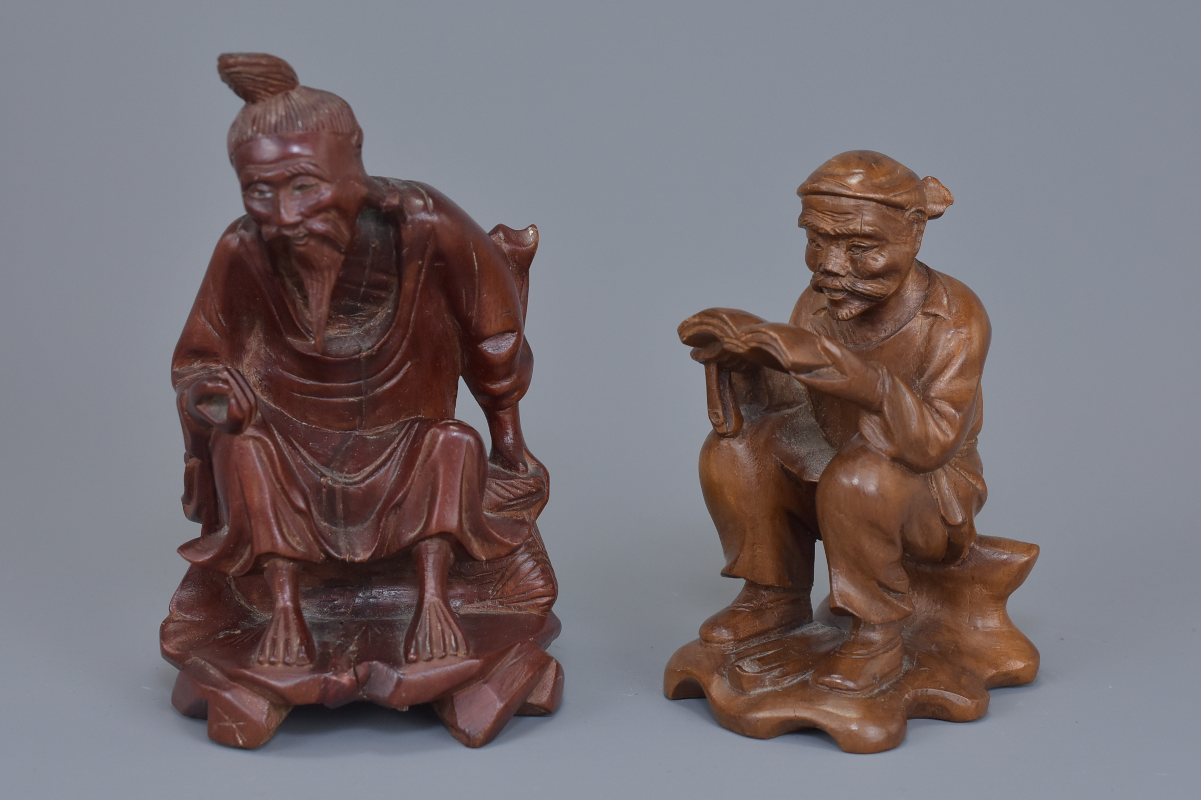 Four Chinese carved wooden figures, two in boxwood of Shaolou ...