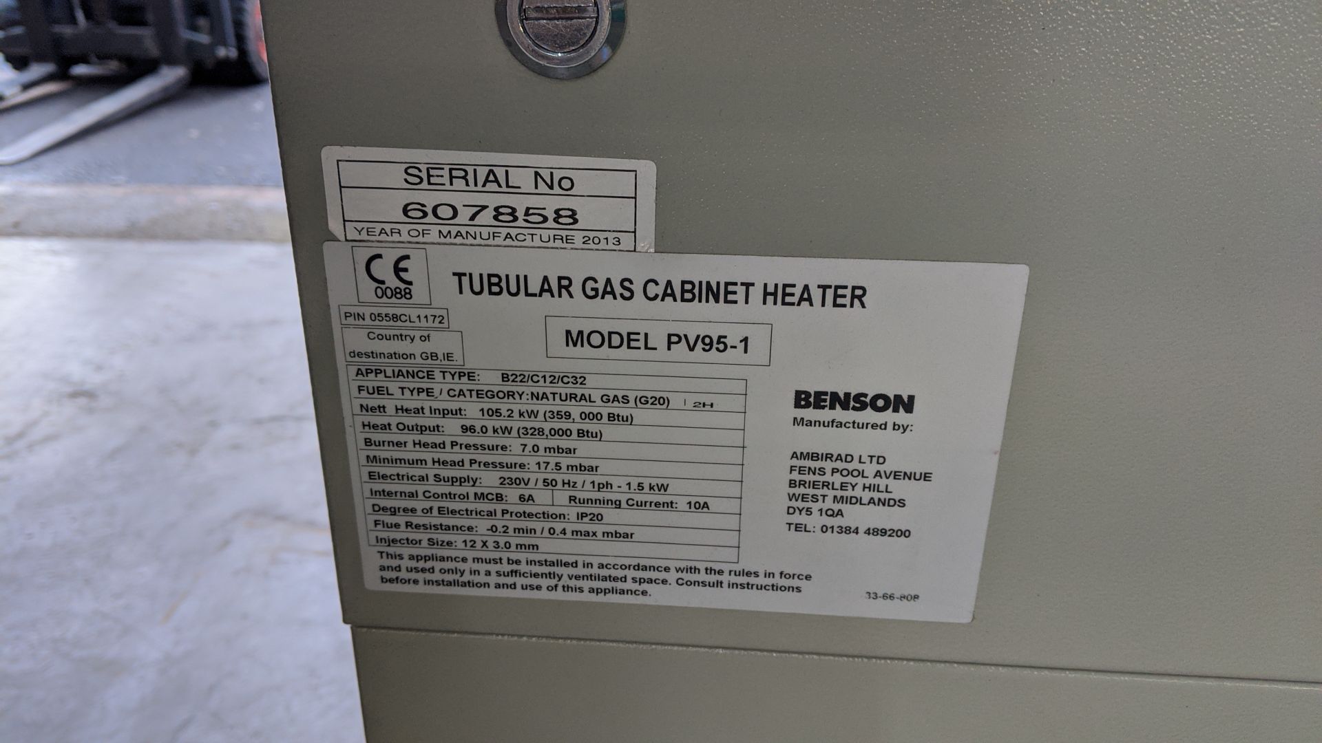 Benson tubular gas cabinet heater model PV95-1 serial no. 607858 with ...