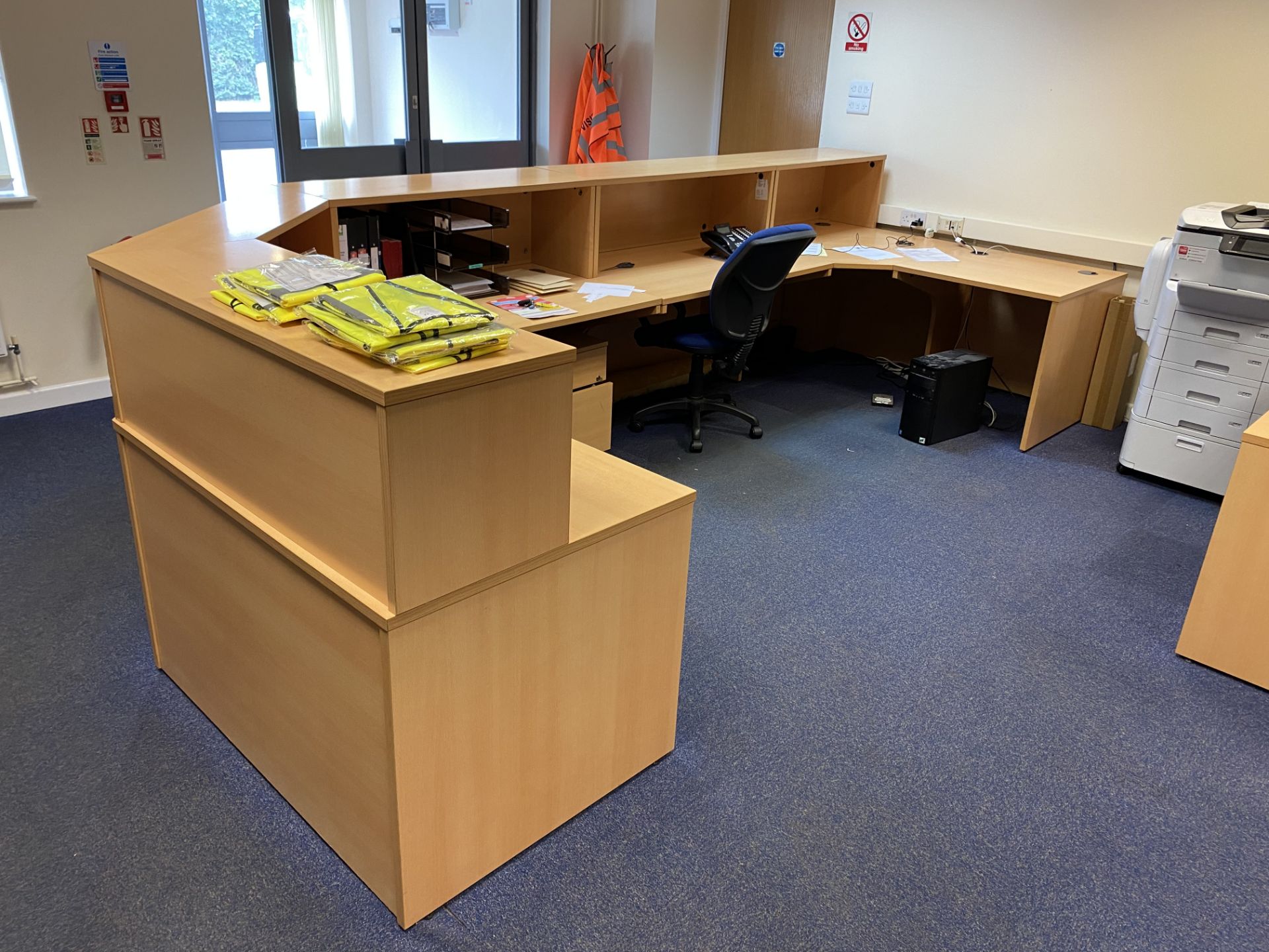 Light Oak Veneered Multi-Section Reception Desk, approx. 4.3m x. 1.9m x ...