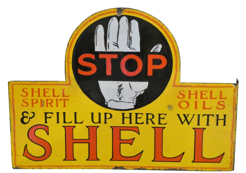 A double sided, wall mounted, vitreous enamel advertising sign, Stop ...