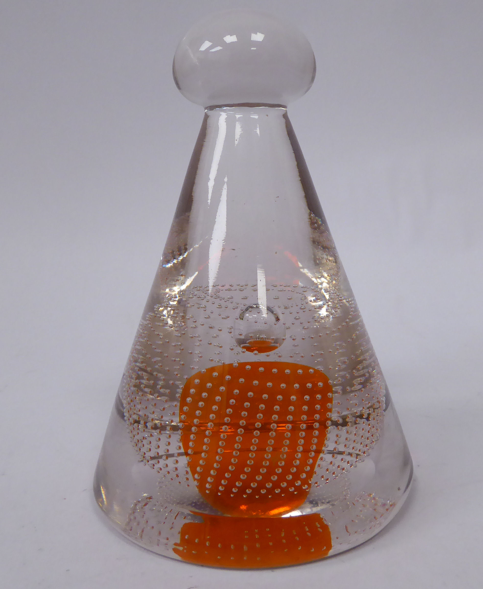 A Whitefriars glass paperweight of conical design with a knopped top ...