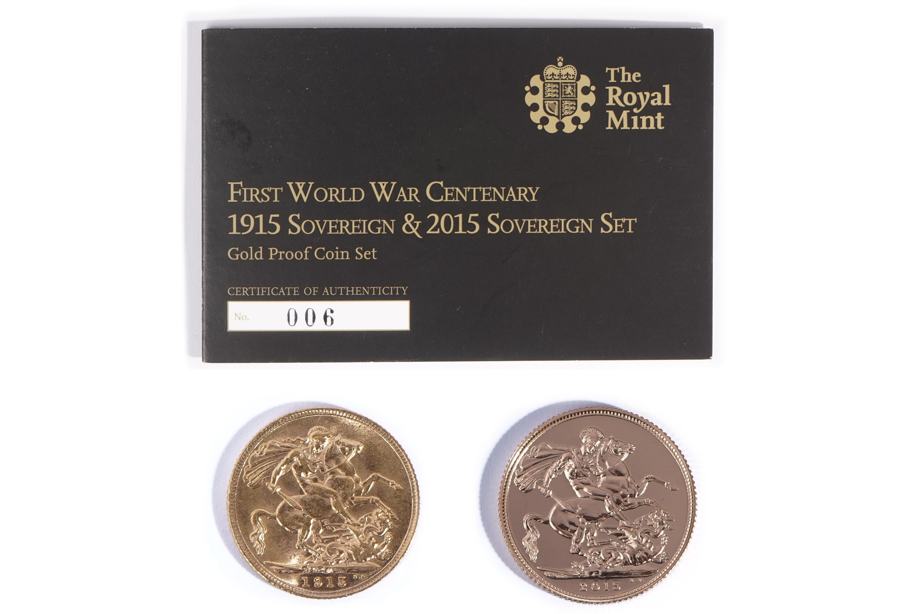 A Royal Mint, gold two coin set, comprising; a George V sovereign 1915 ...