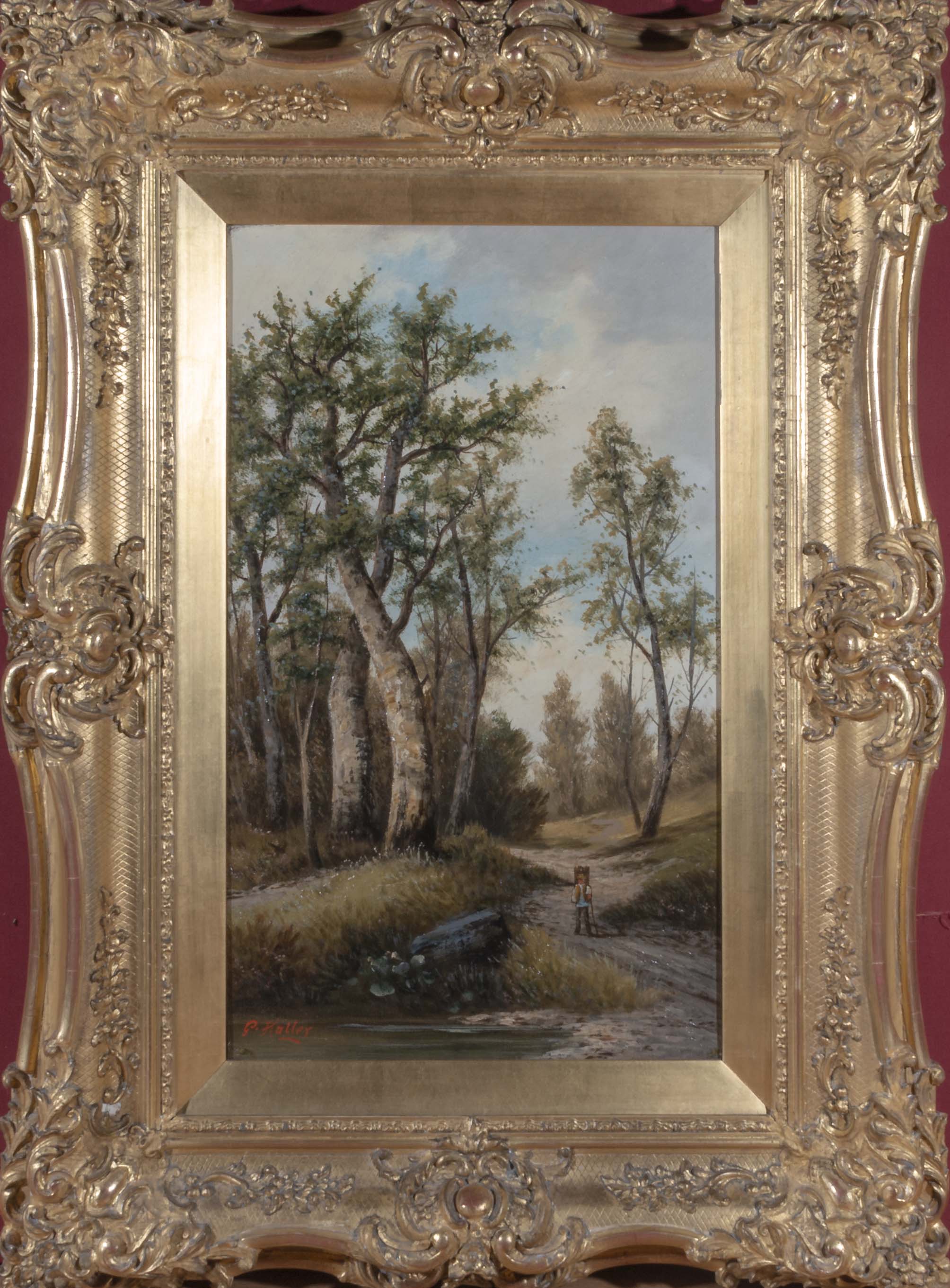 A pair of gilt framed oil on canvas signed G Haller depicting woodland ...