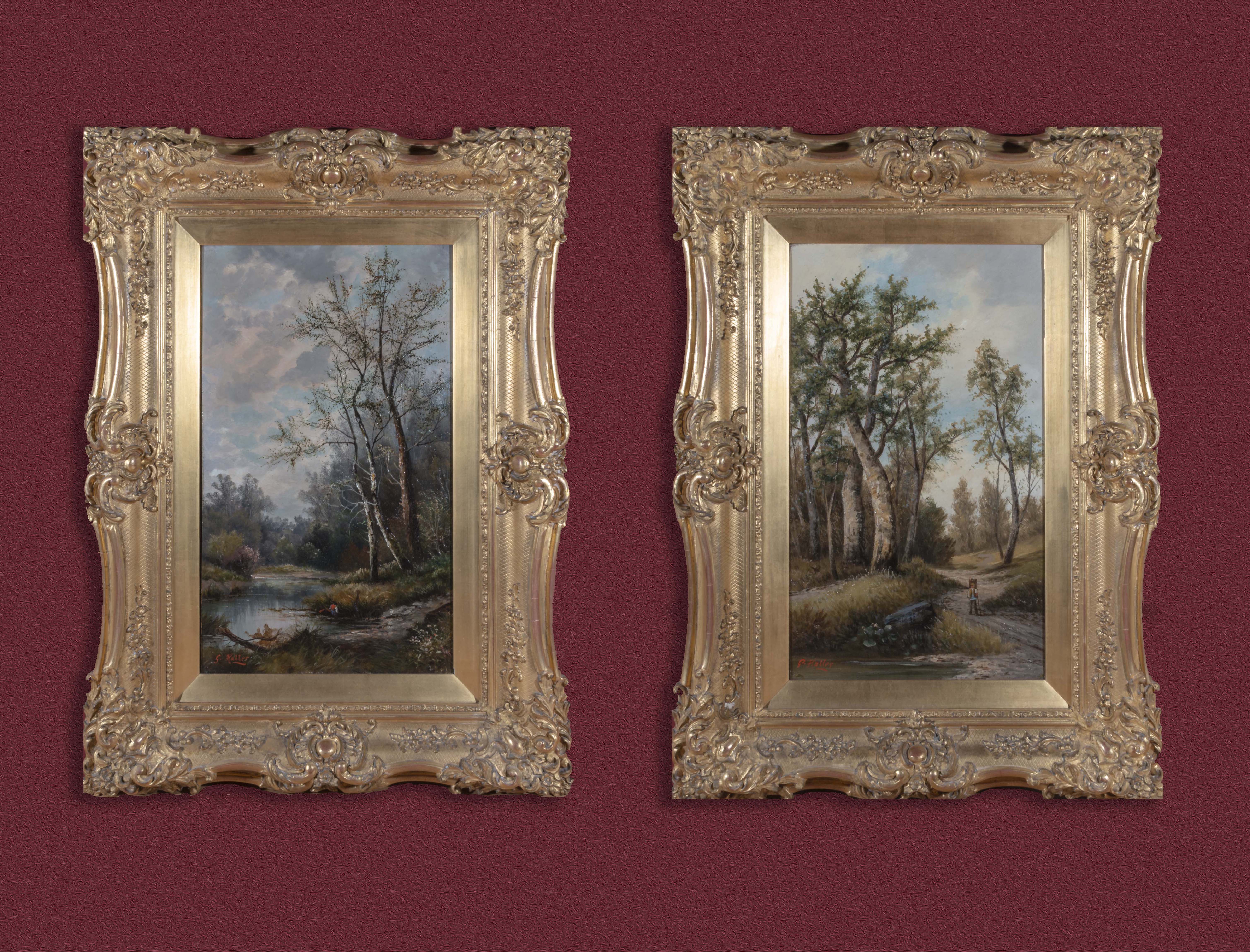 A pair of gilt framed oil on canvas signed G Haller depicting woodland ...