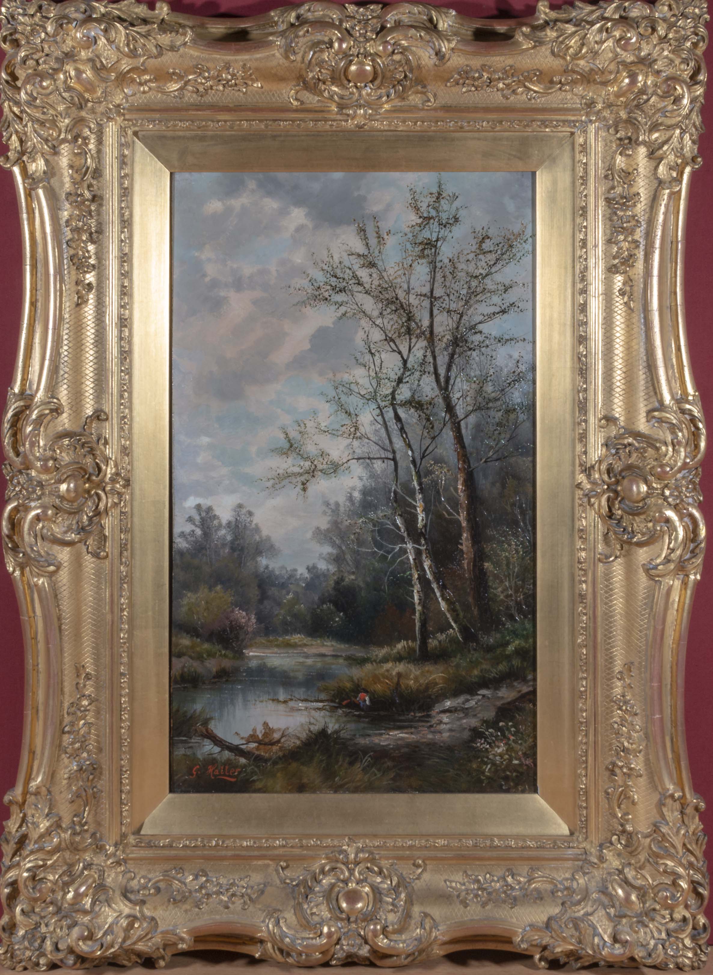 A pair of gilt framed oil on canvas signed G Haller depicting woodland ...