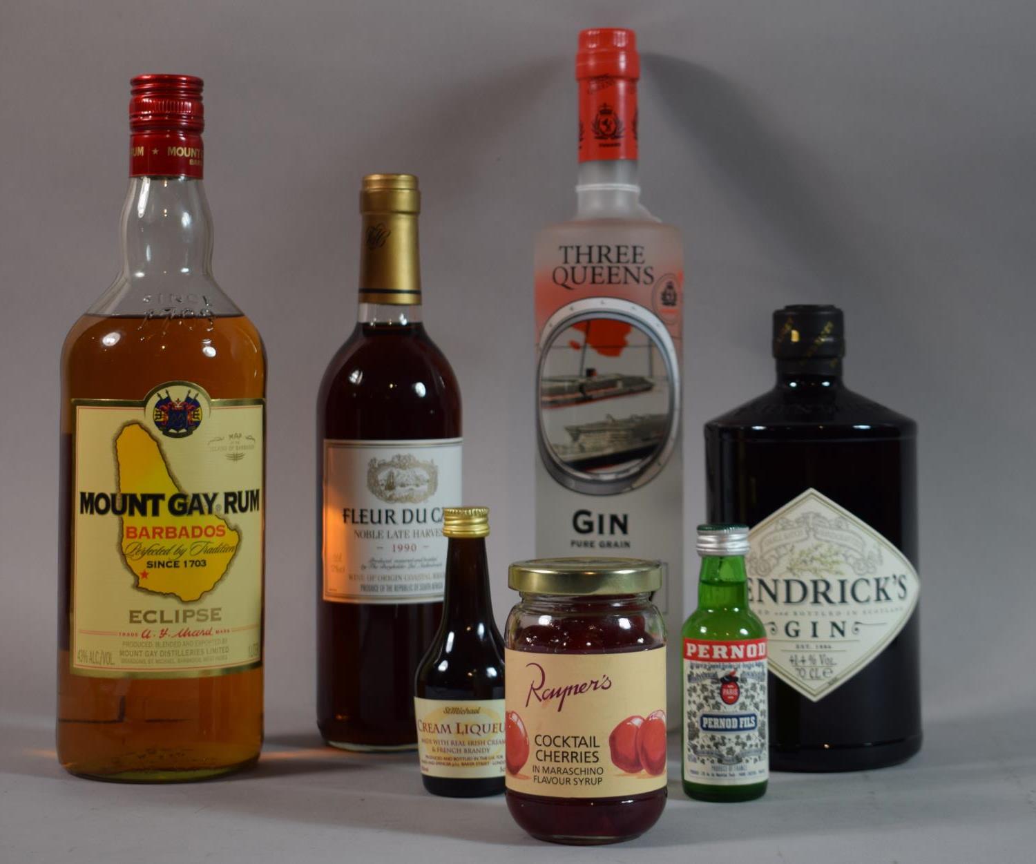 A Bottle of Cunard "Three Queens" Gin, Hendrick's Gin, Mount Gay Rum etc
