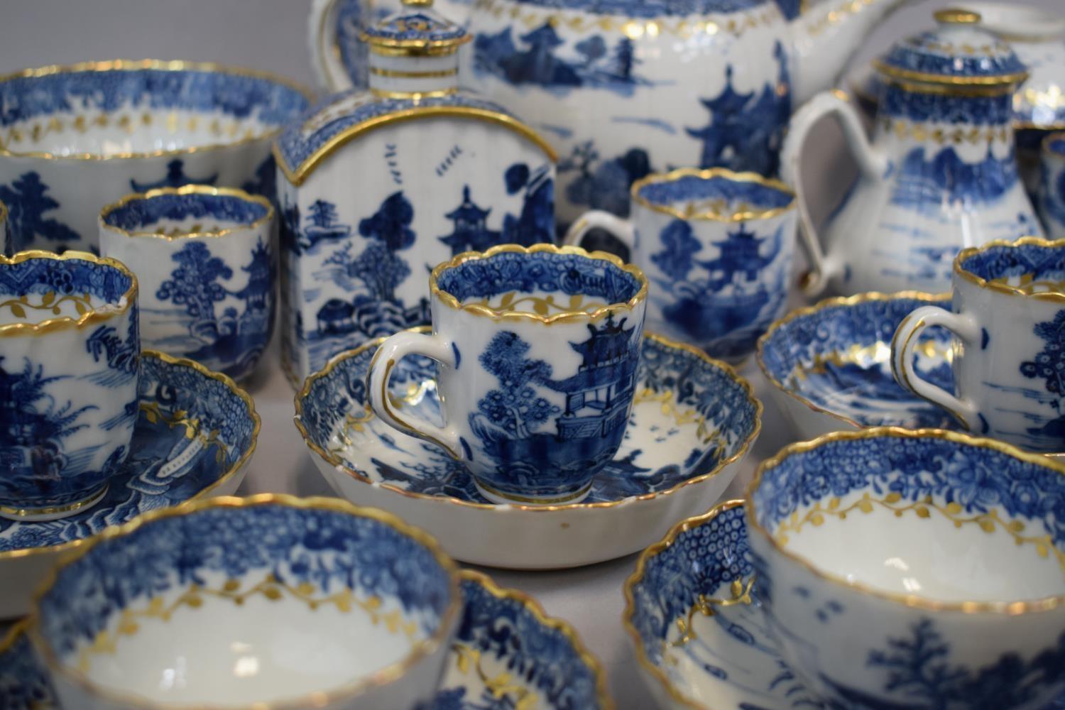 A Chinese Export Style Blue and White Pagoda Pattern Tea Set with Gilt ...