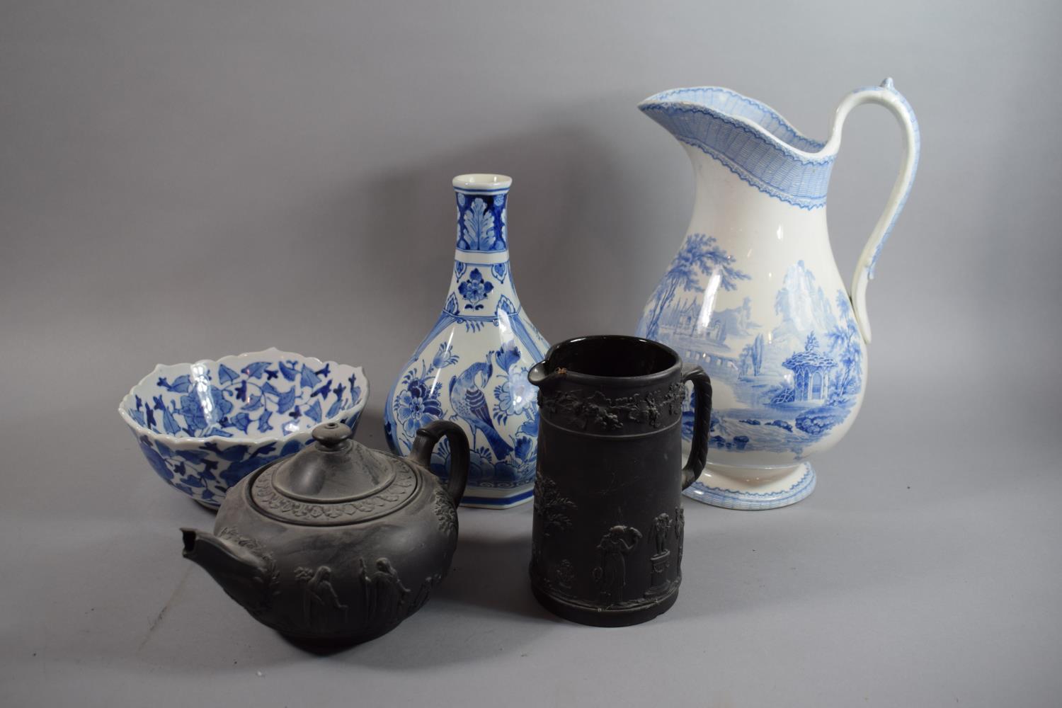 A Blue and White Toilet Jug "Ivanhoe" Pattern Together with Dutch Delft ...