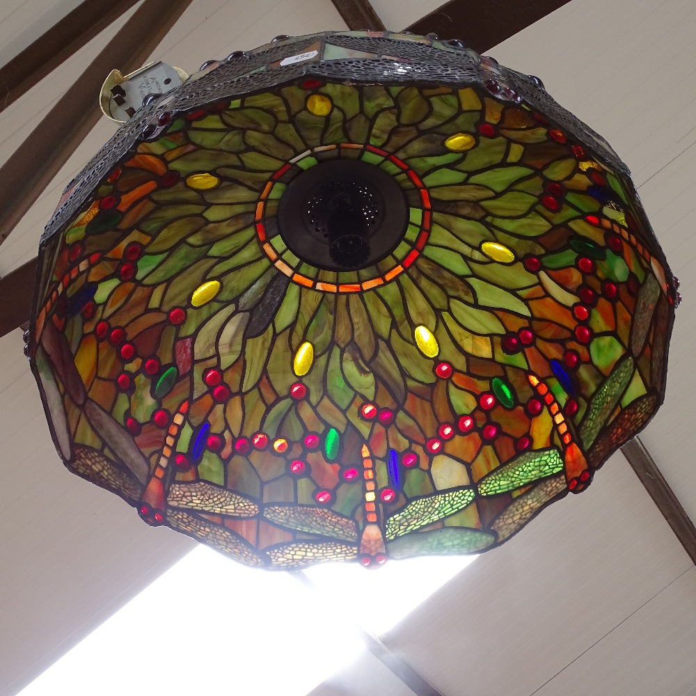 A large Tiffany style leadlight glass dragonfly ceiling light fitting ...