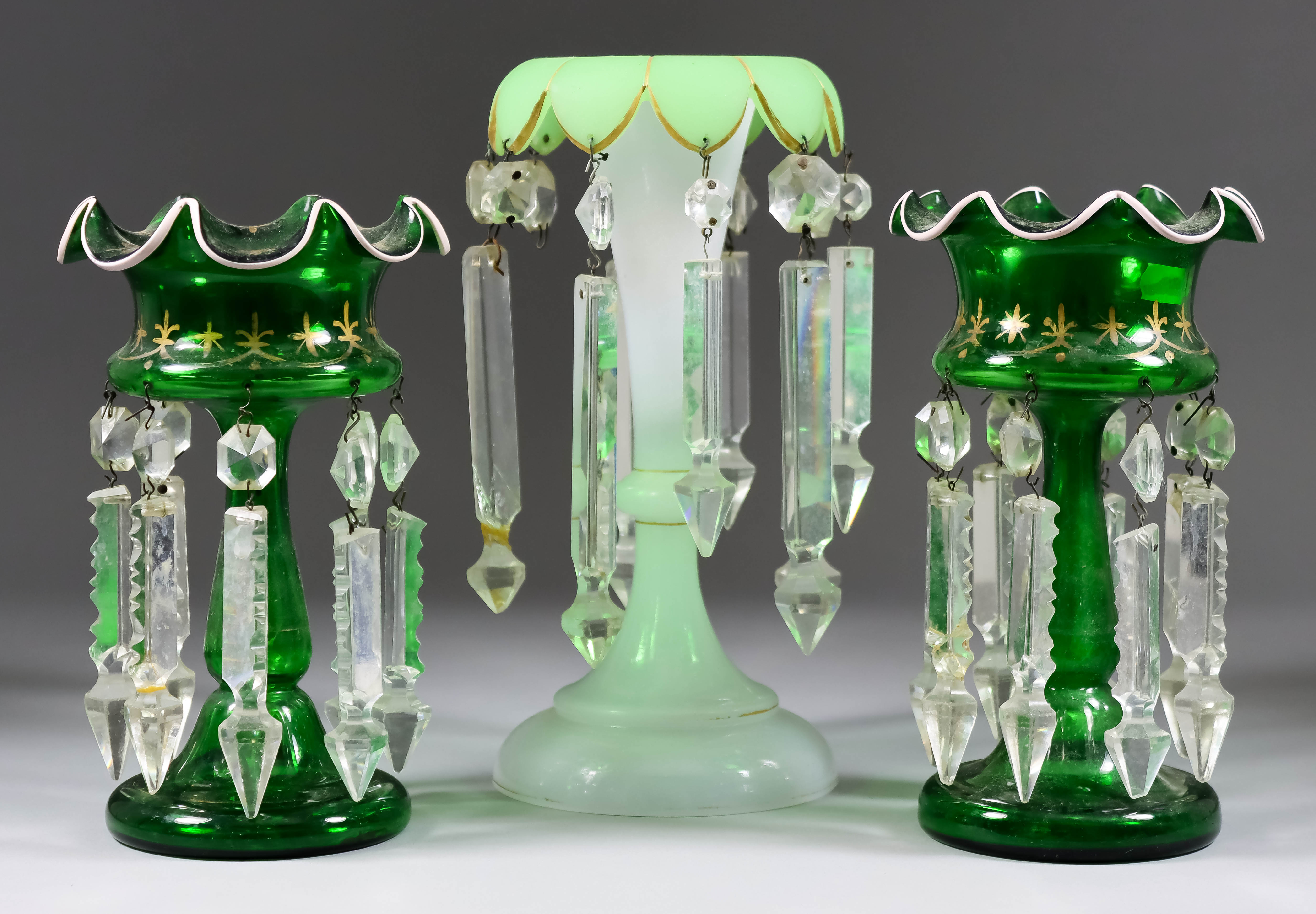 A Pair of Green Glass Lustre Vases, 19th Century, hung with prismatic ...