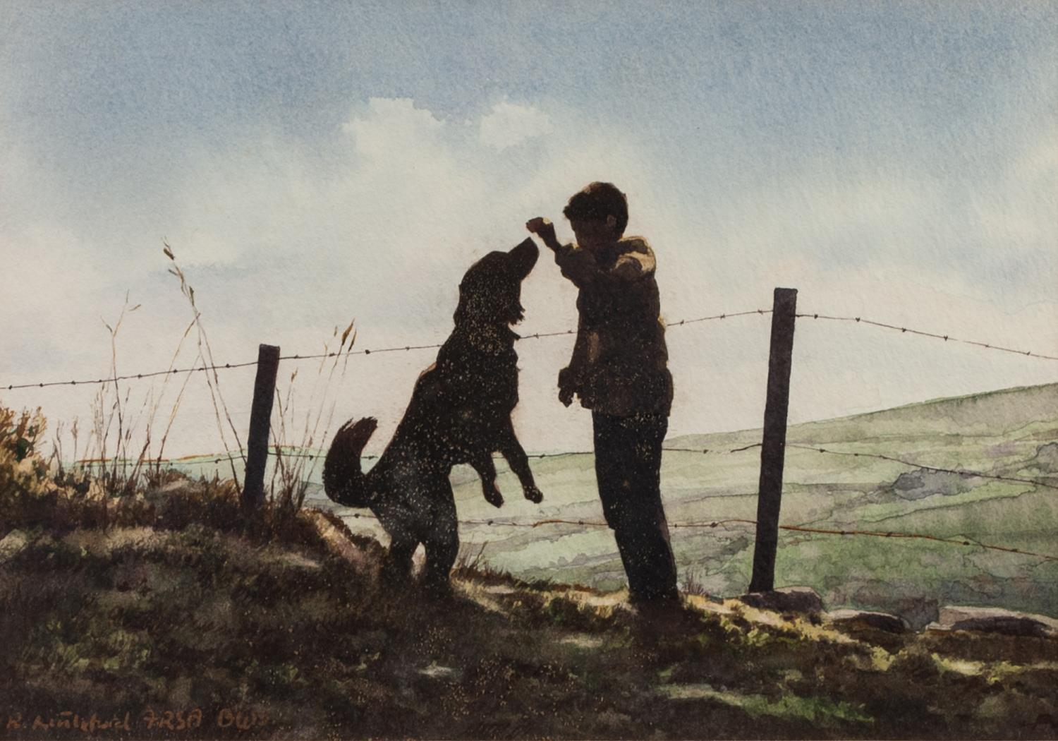 ROBERT (BOB) LITTLEFORD (1945)WATERCOLOURBoy playing with dog in an ...