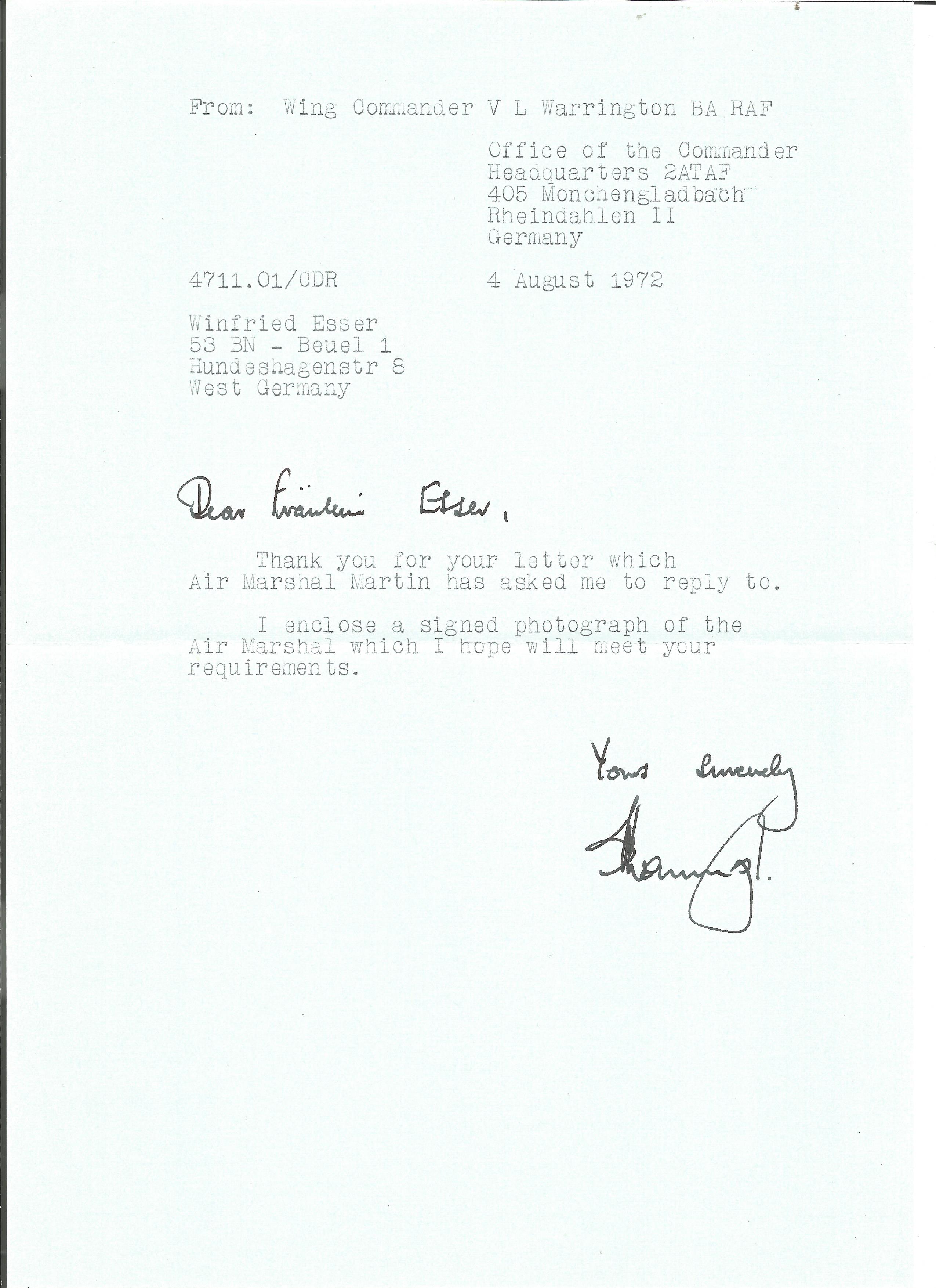 Dambuster Mick Martin signed 8 x 6 photo in Uniform with letter from ...