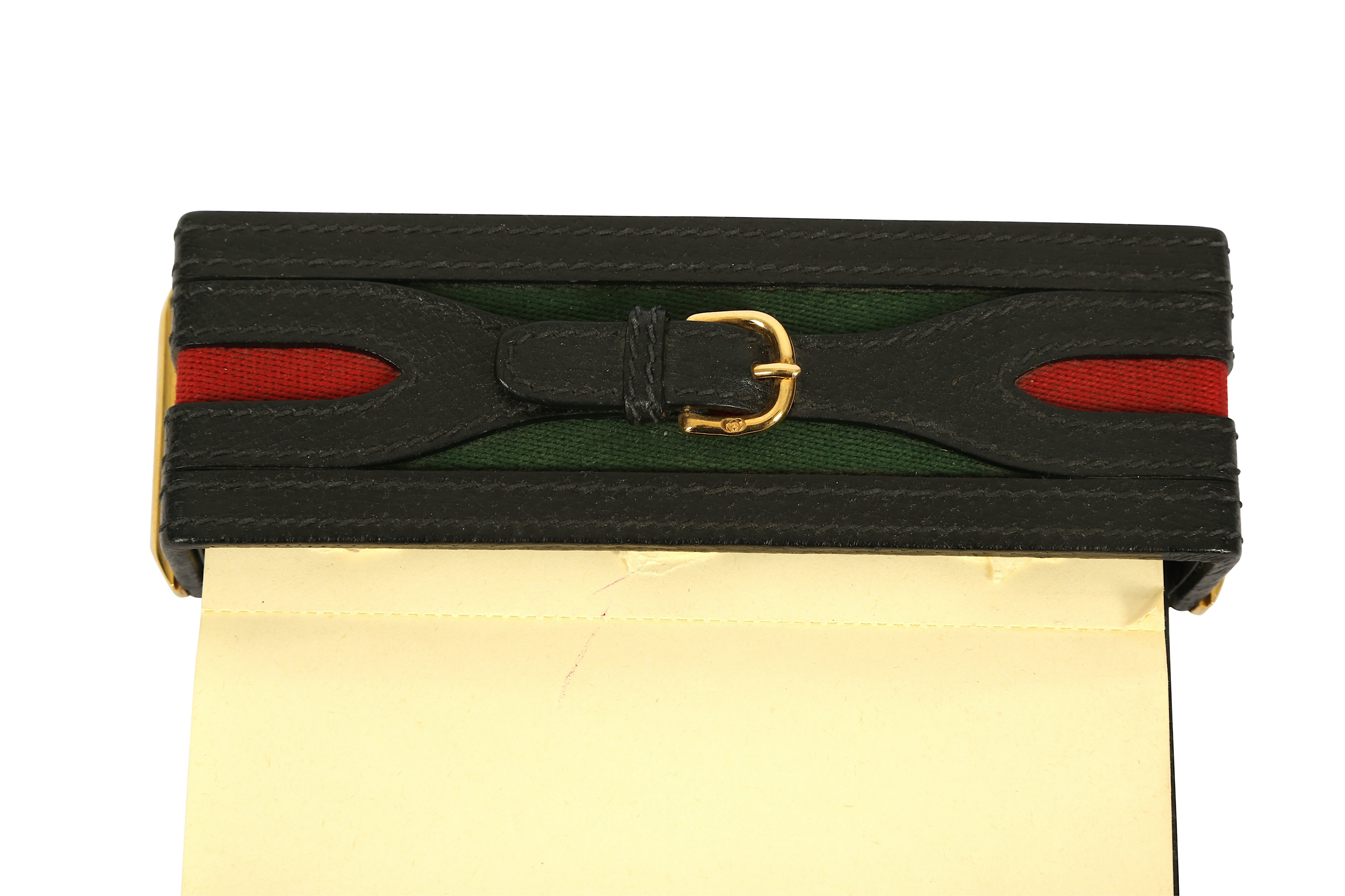 A GUCCI VINTAGE BLACK NOTE PAD HOLDER Black grained leather with gold ...