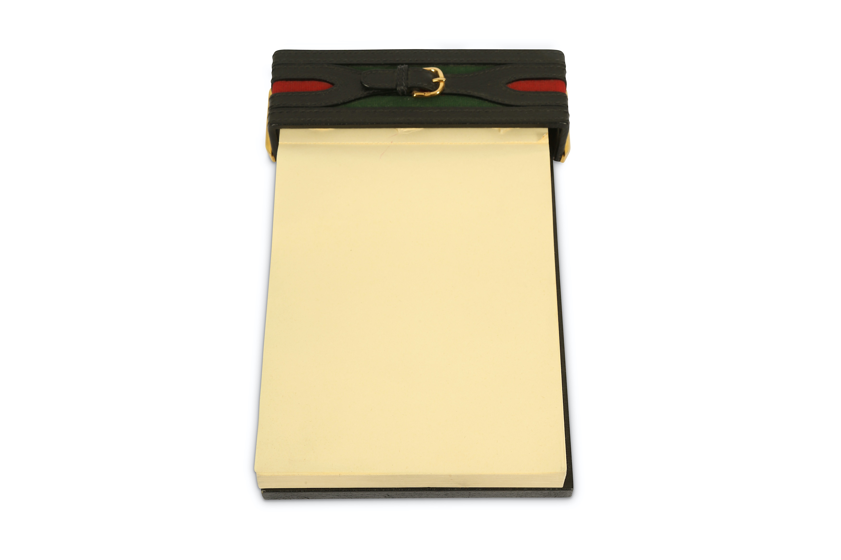A GUCCI VINTAGE BLACK NOTE PAD HOLDER Black grained leather with gold ...