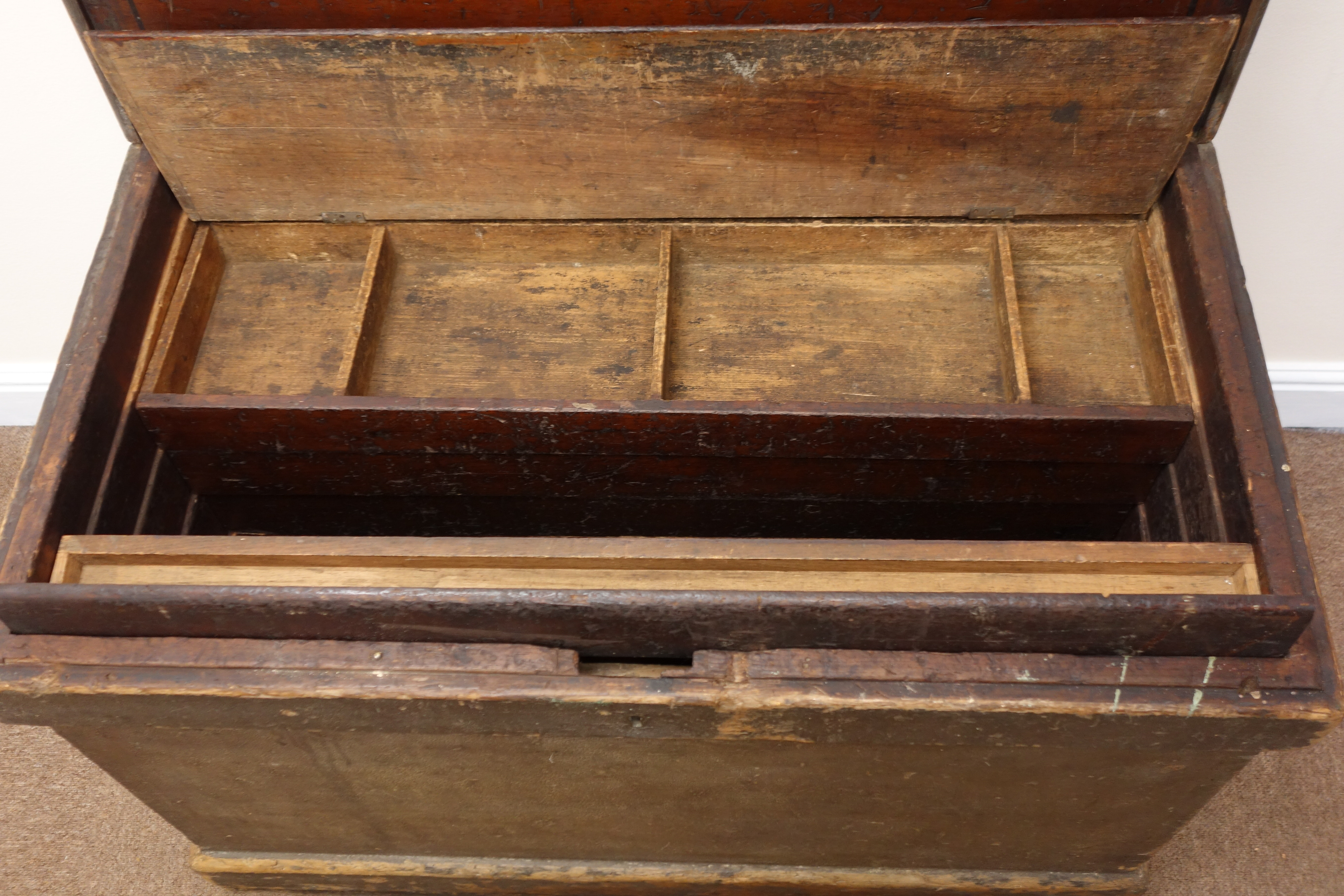 19th century scumbled pine joiners chest, hinged lid, fitted interior ...