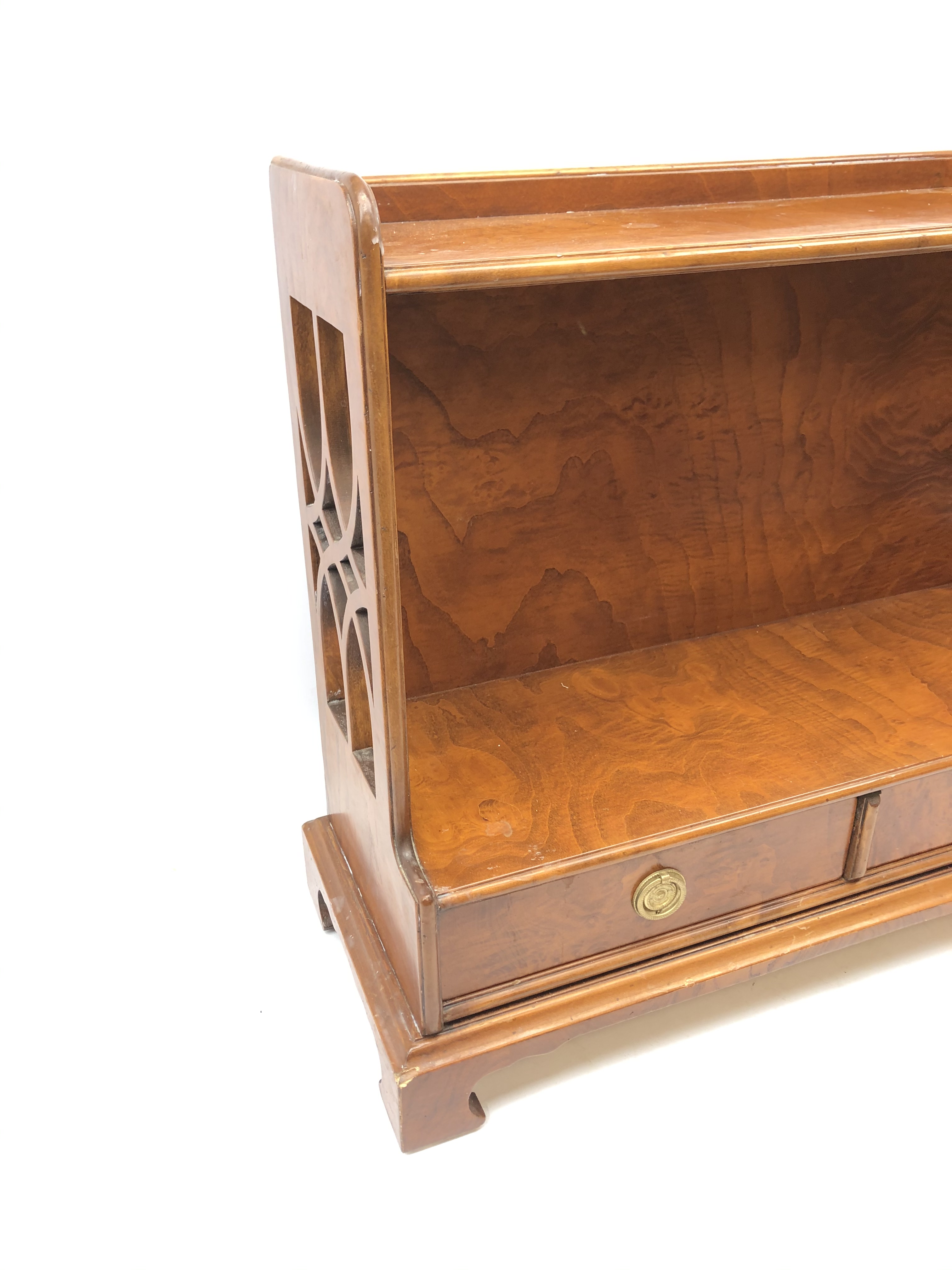 Small walnut bookcase fitted, fret pierced sides with two drawers on ...
