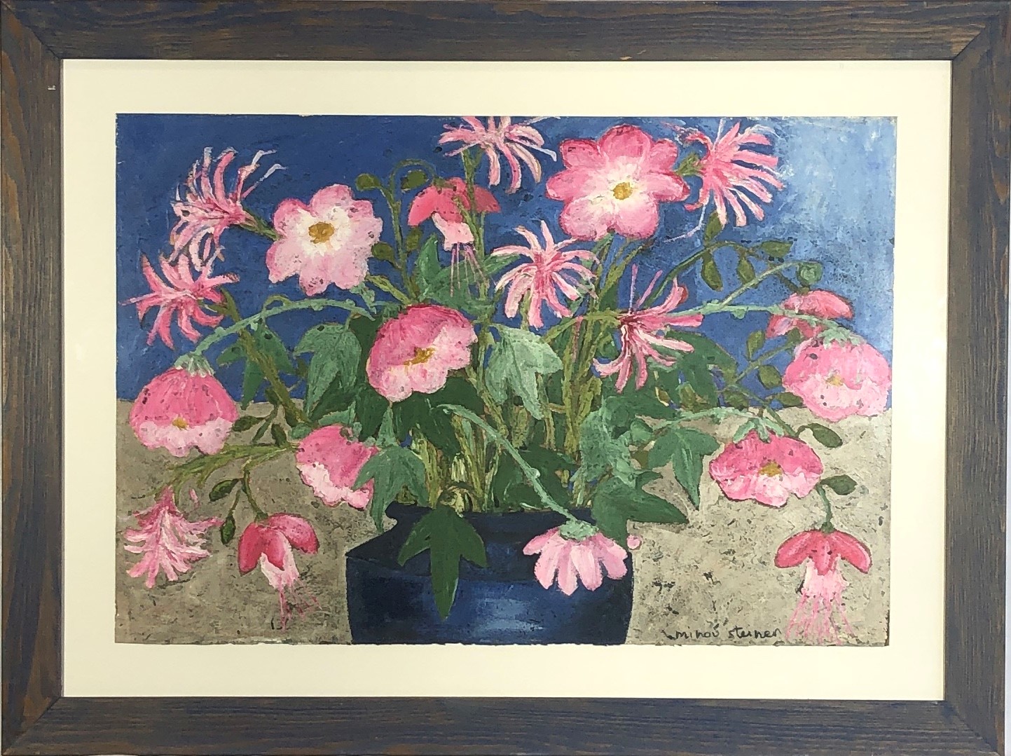 Minou STEINER (1908 - 2008) 'Pink Flower' Oil on paper Signed 38cm x 55.5cm